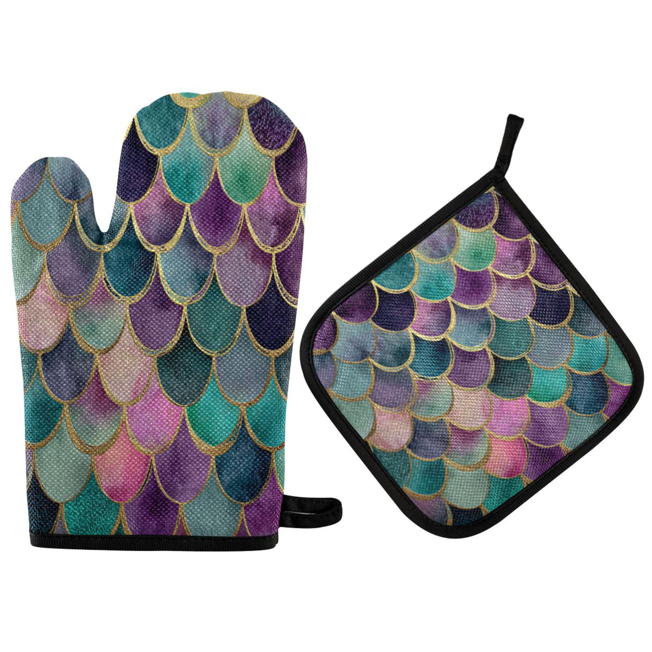 Wobogo Mermaid Scales Oven Mitts and Pot Holders 2pcs Set Kitchen Oven ...