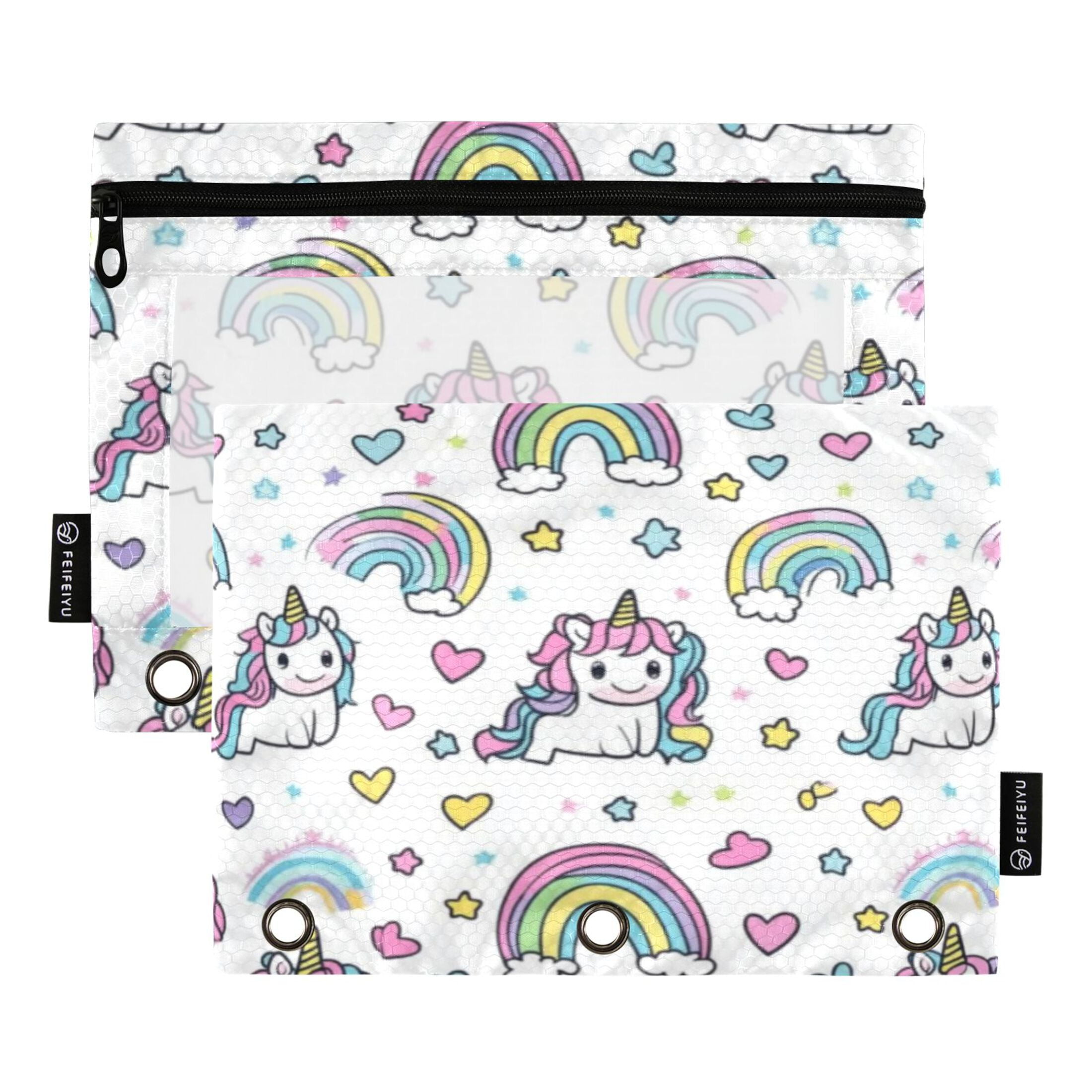 Wobogo Pattern with Cute Unicorns and Rainbows Pencil Pouch with 3 Ring ...
