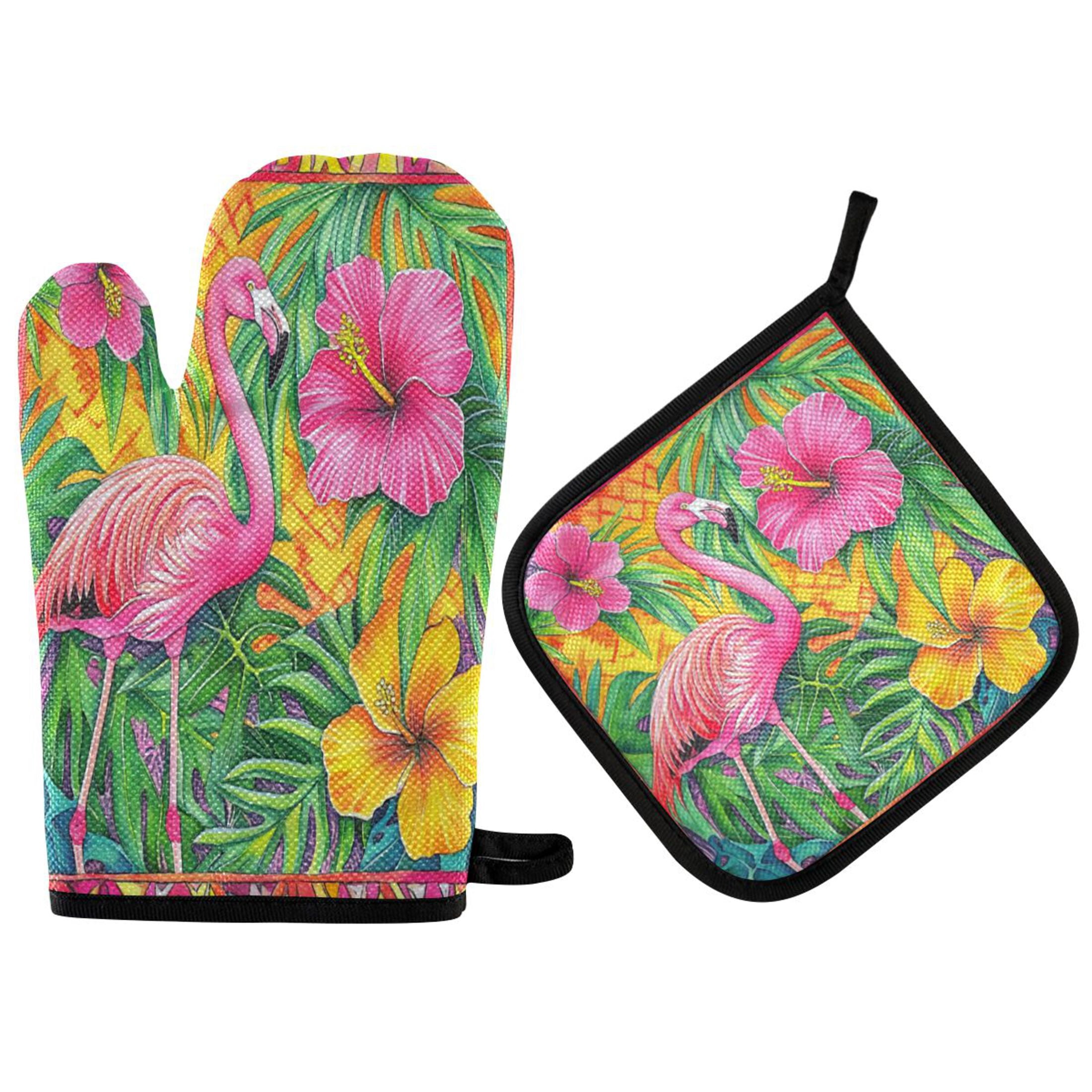 Wobogo Pink Flamingo Oven Mitts and Pot Holders 2pcs Set Kitchen Oven ...