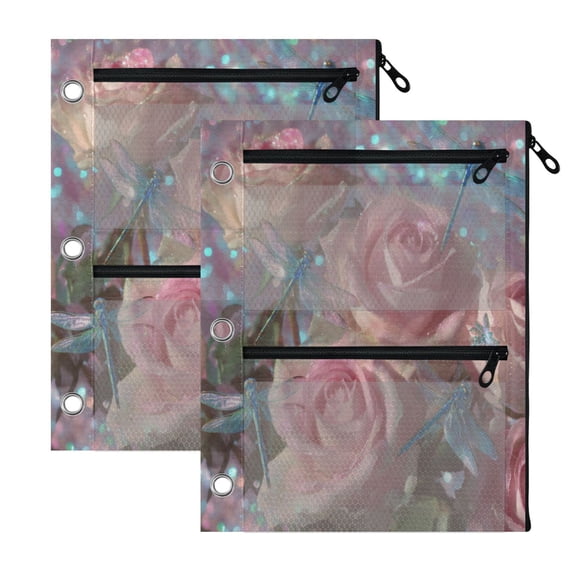 Wobogo Pink Rose Dragonfly 3 Ring Binder Pencil Pouch 2 Pack, Zipper ...