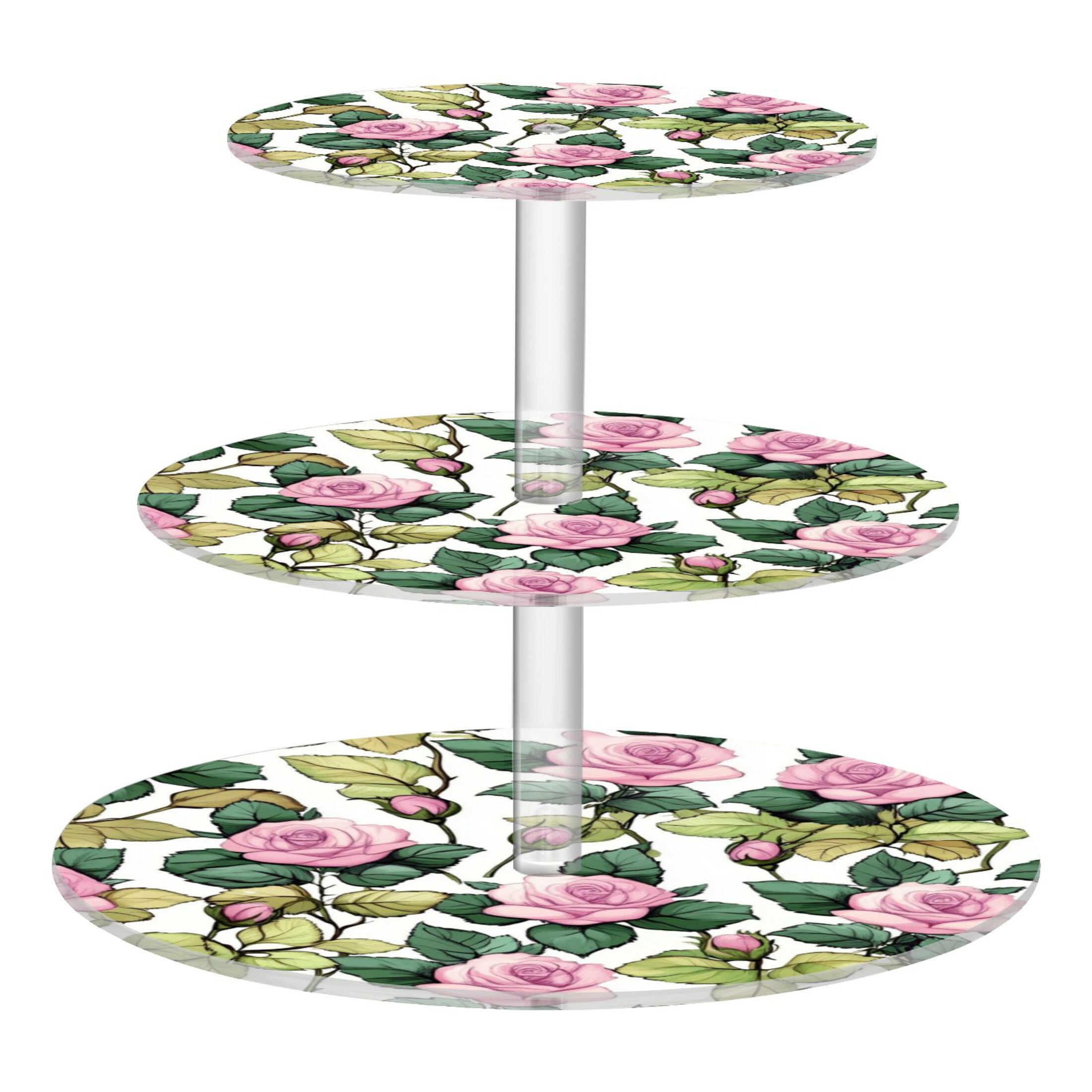 Wobogo Pink Roses 3 Tier Acrylic Cake Stand with Clear Round Hold for ...