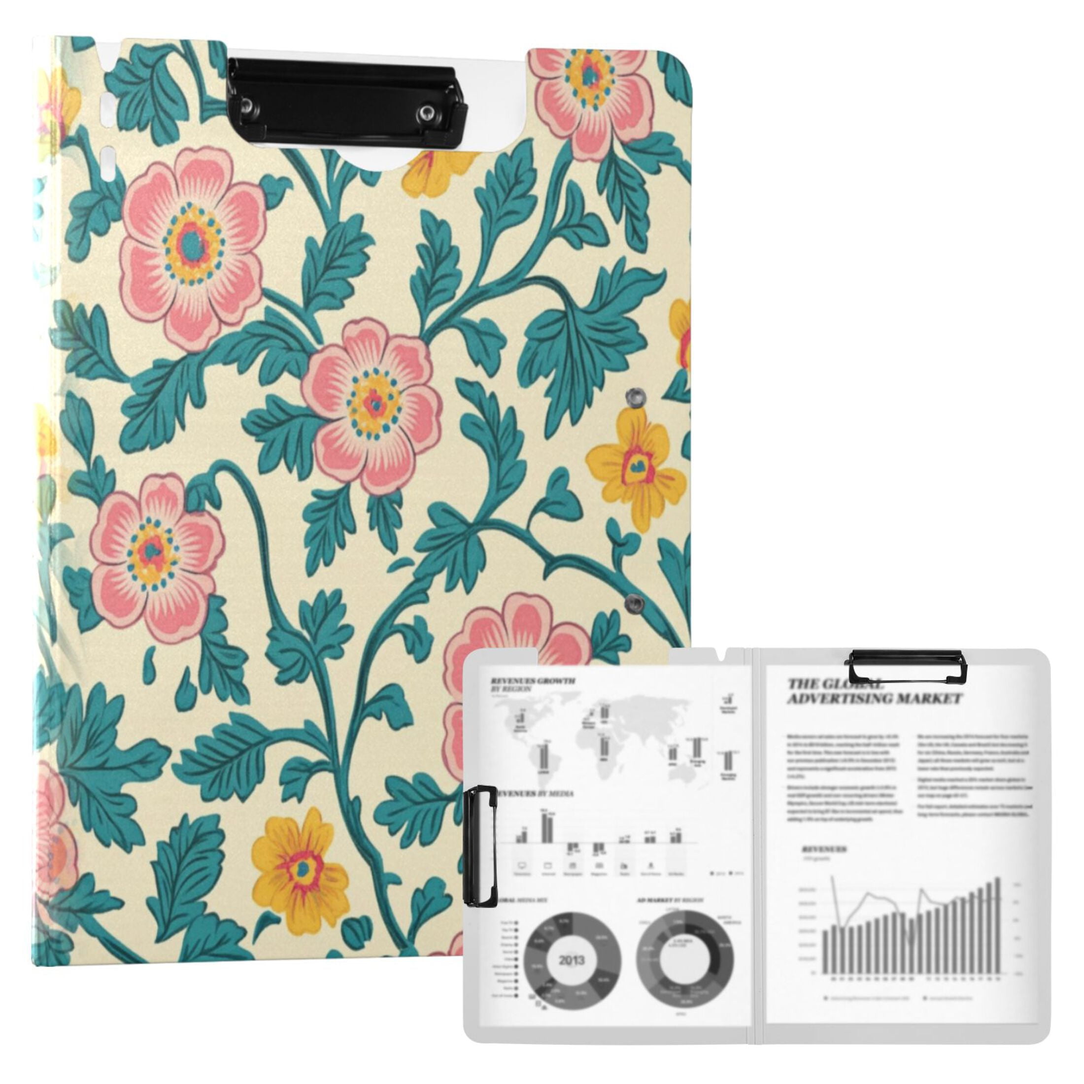 Wobogo Pink and Turquoise Flowers A4 Foldable Clipboard with Horizontal ...