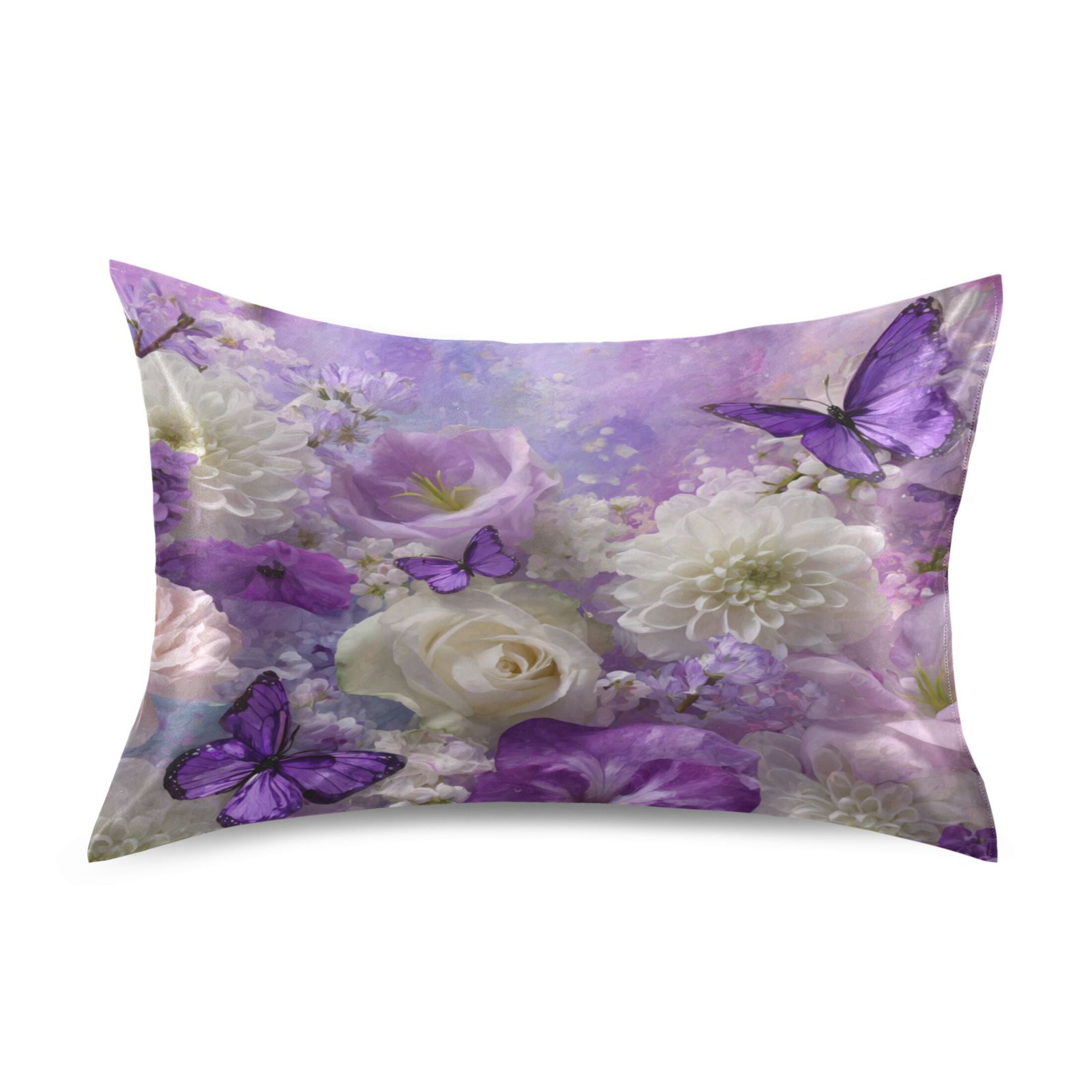 Wobogo Purple Butterfly Floral Satin Pillowcase Soft Smooth Envelope ...