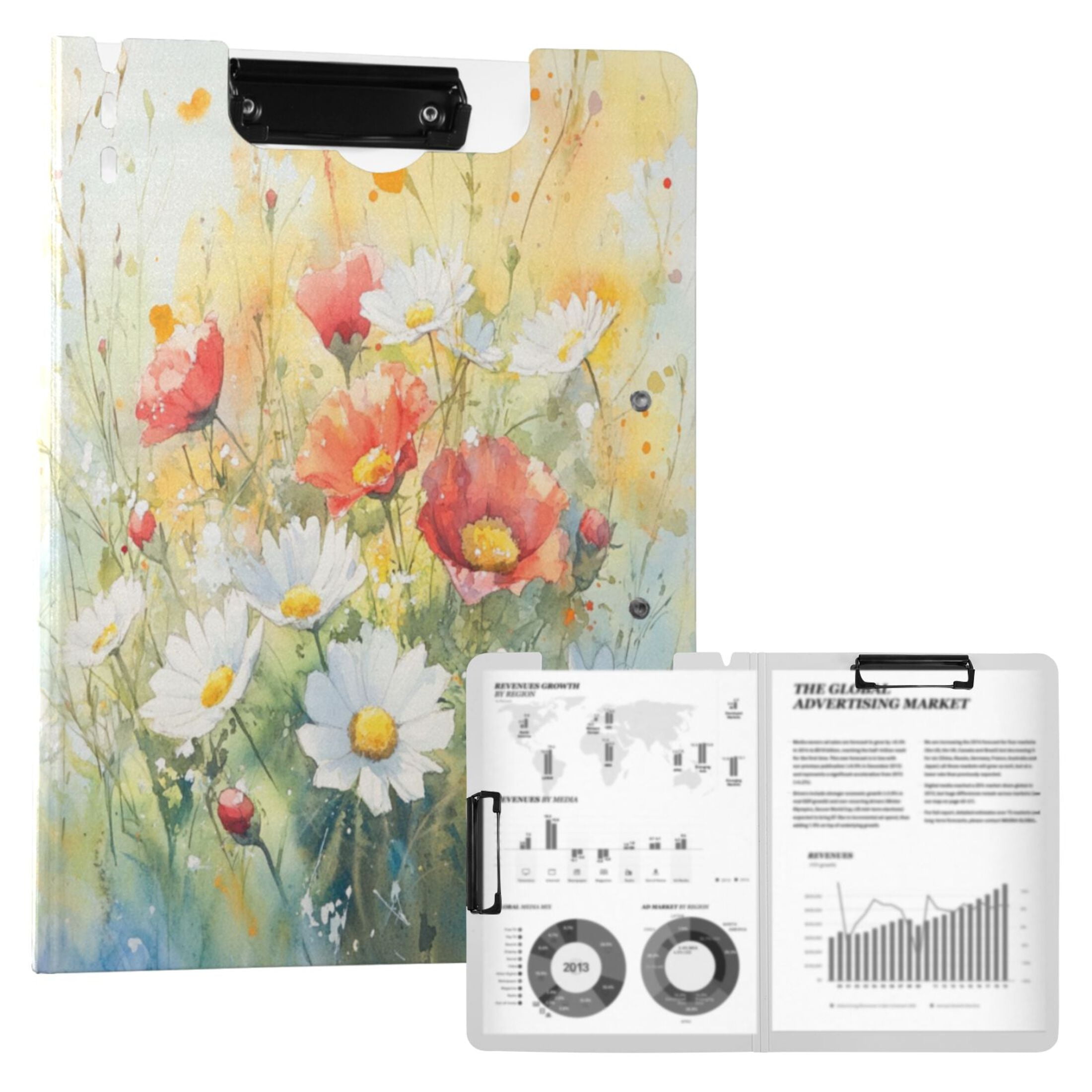 Wobogo Red and White Wildflowers A4 Foldable Clipboard with Horizontal and Vertical Double Metal ...
