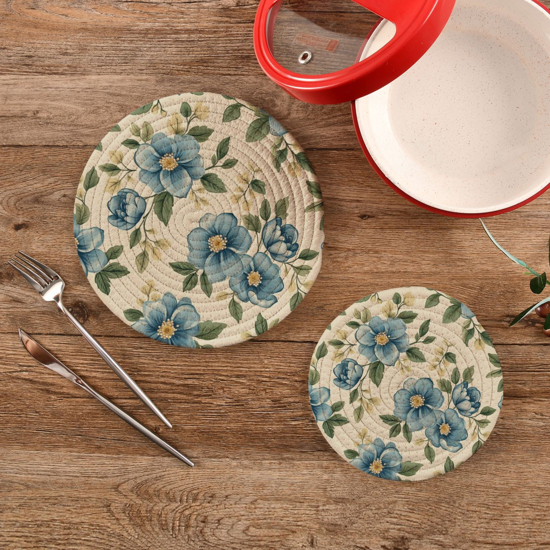 Wobogo Seamless Pattern Of Blue Flowers and Green Leaves Trivets ...