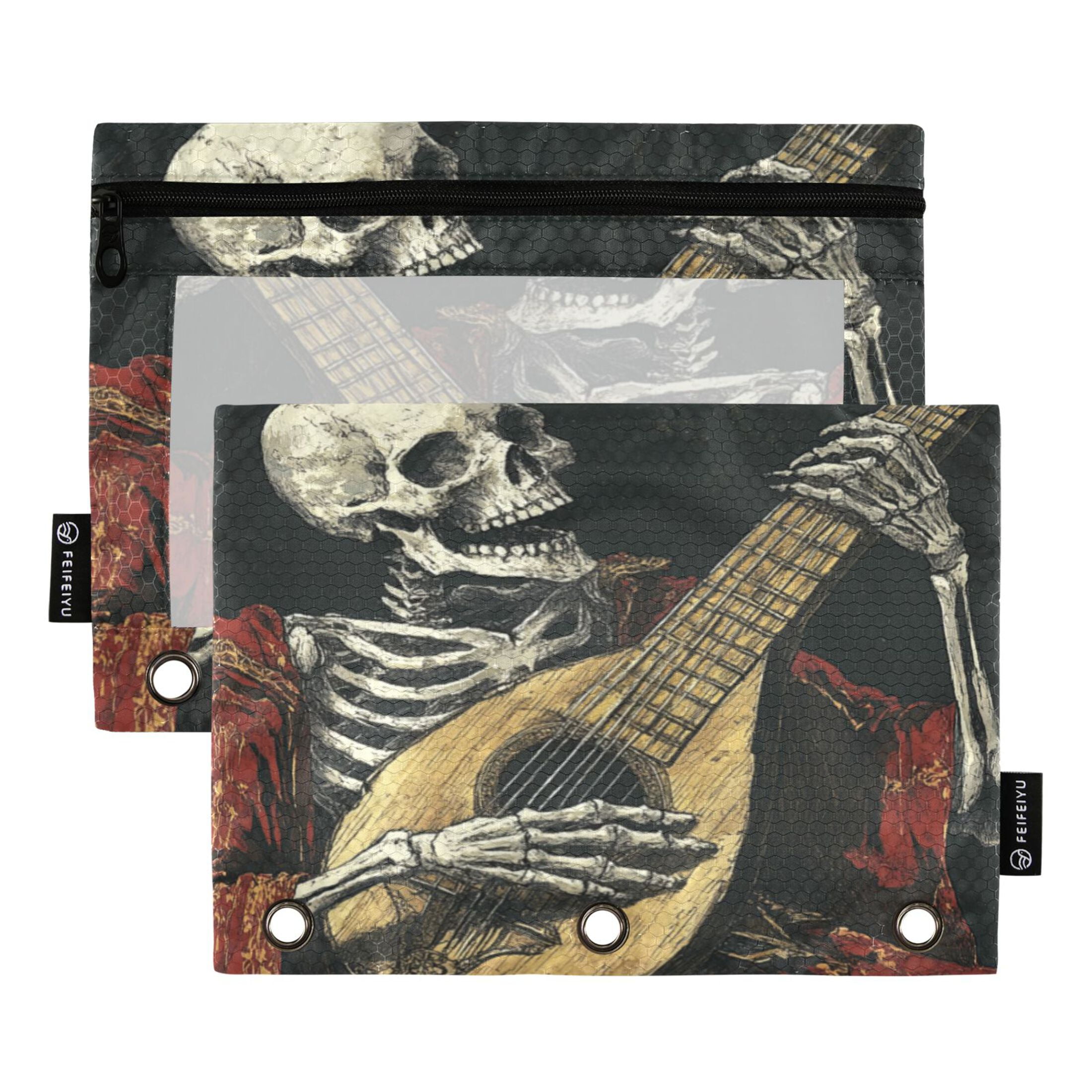 Wobogo Skeleton Playing The Lute Pencil Pouch with 3 Ring Binder Holes ...