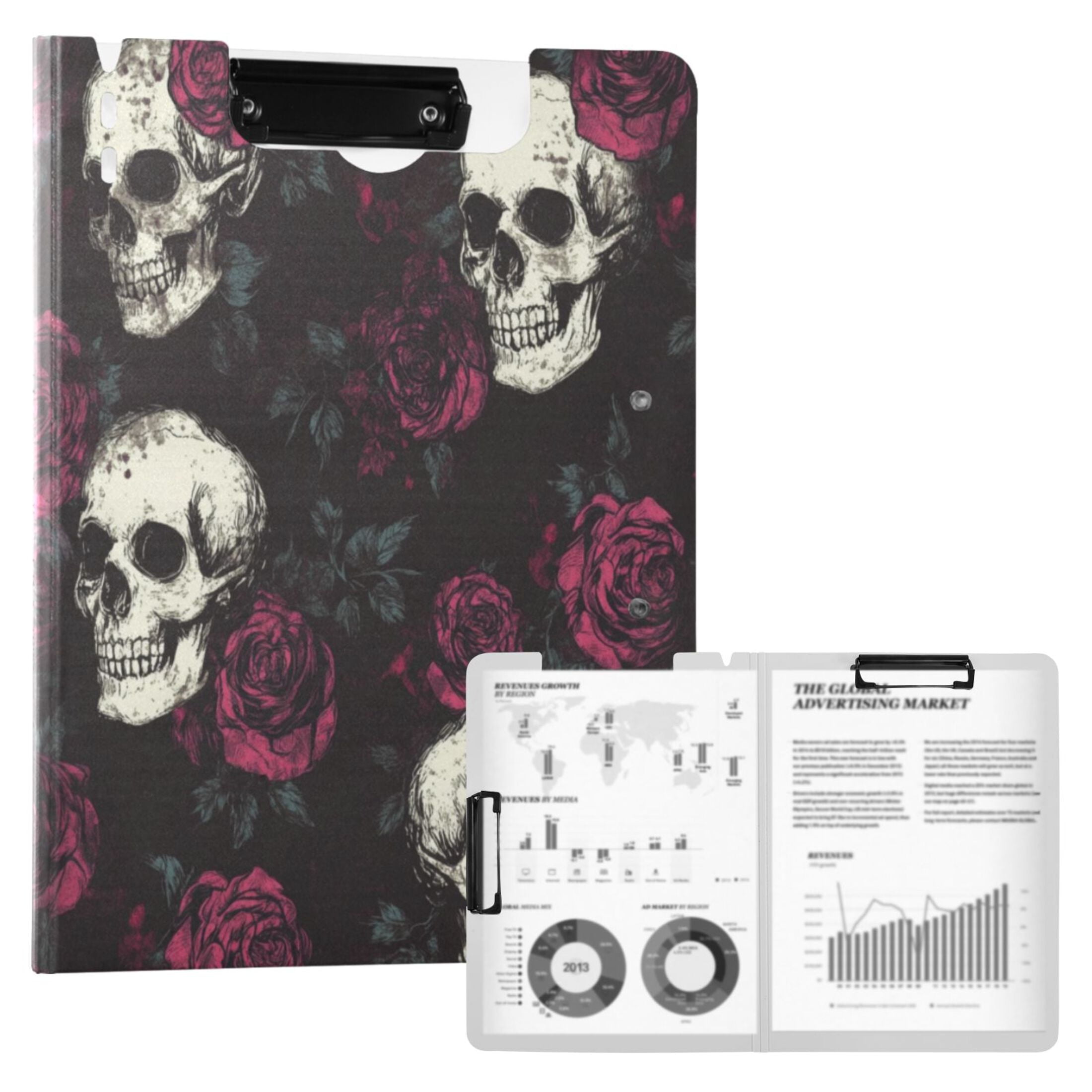 Wobogo Skull Burgundy Roses Pattern A4 Foldable Clipboard with ...