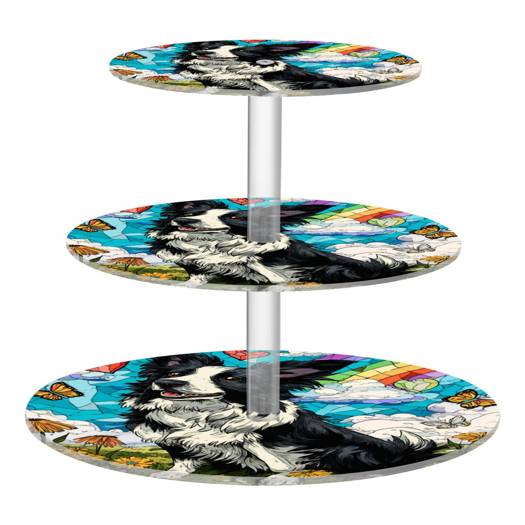 Wobogo Smiling Border Collie 3 Tier Acrylic Cake Stand with Clear Round ...