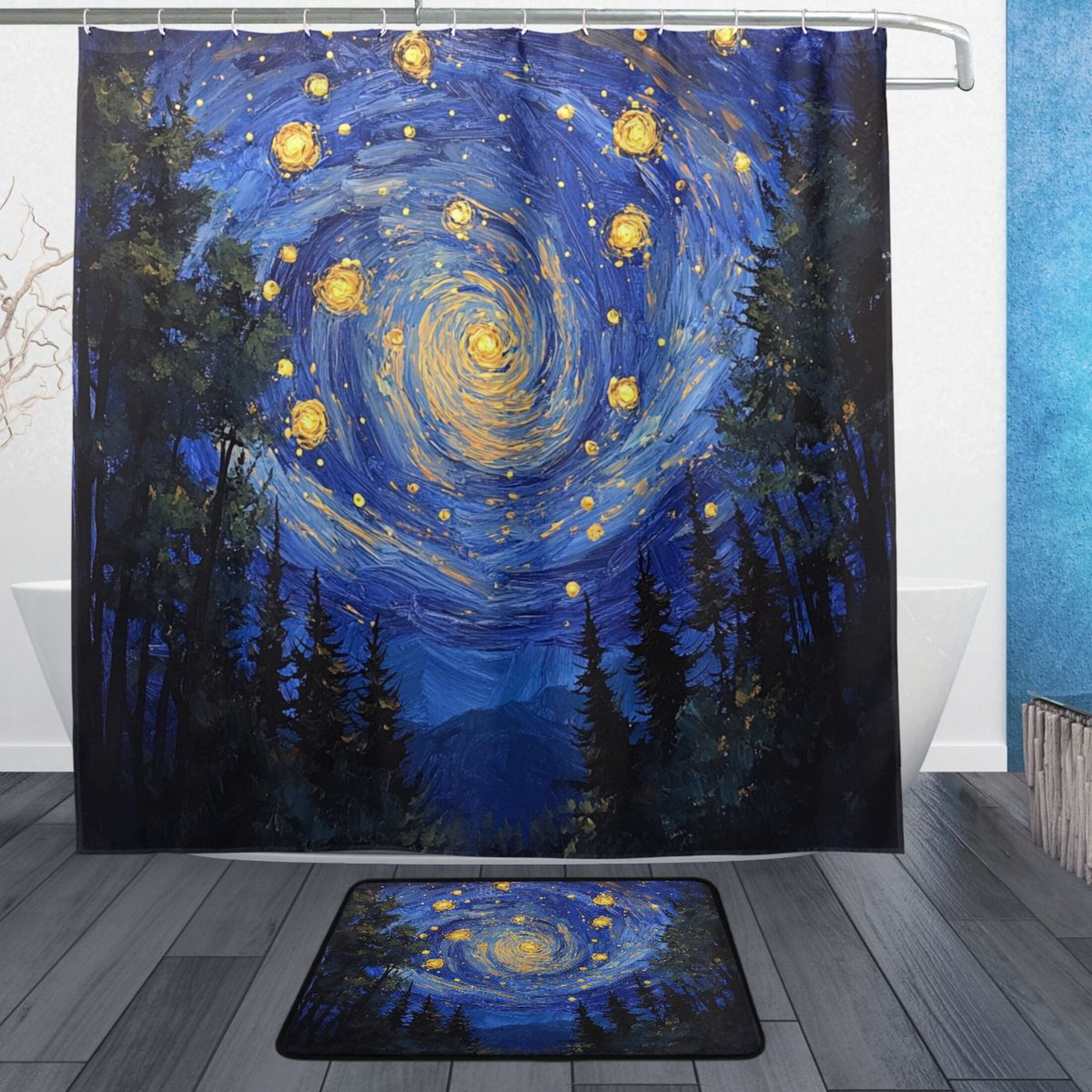 Wobogo Starry Night Sky with Fireflies Bathroom Shower Curtain Set with Floor Mat and Hooks ...