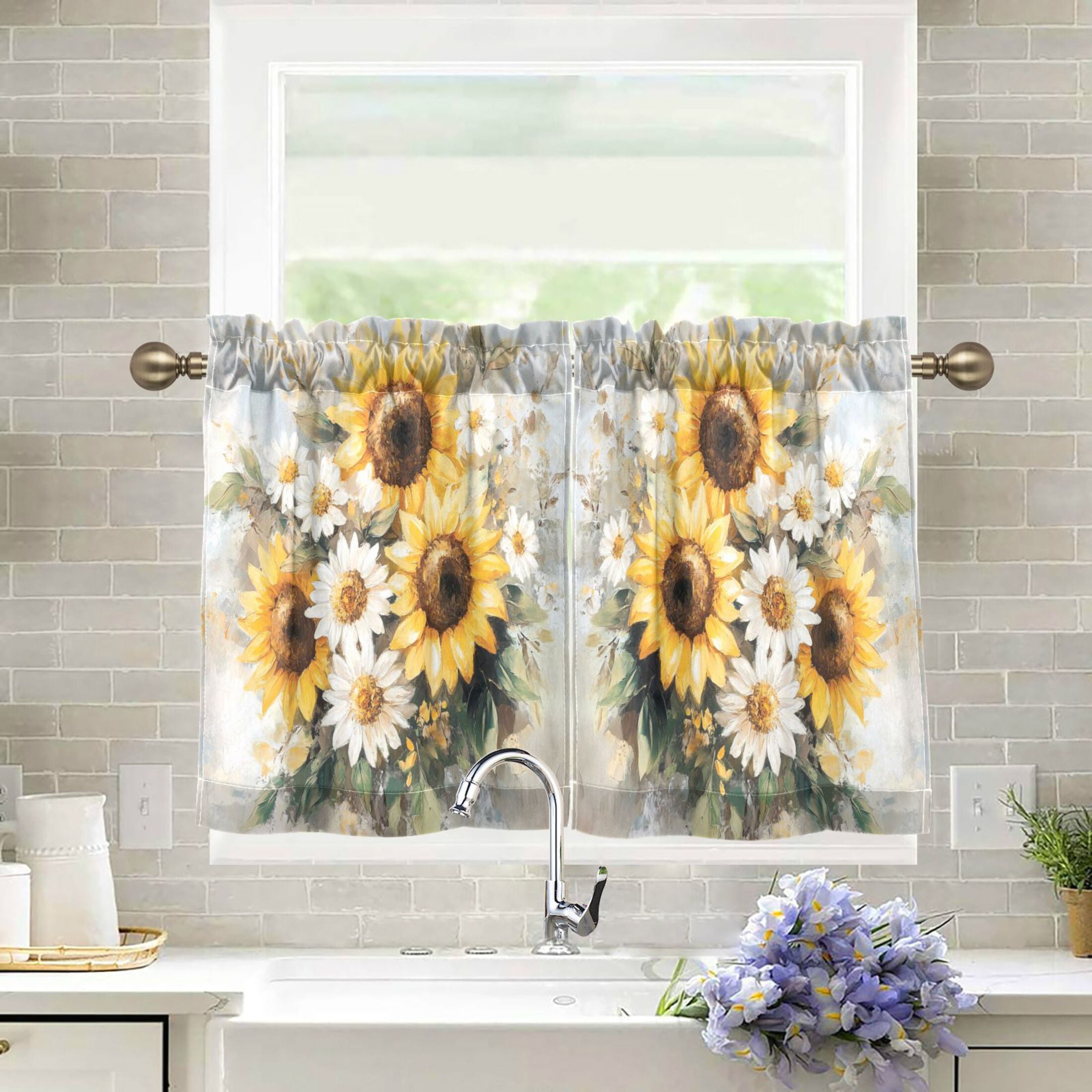 Wobogo Sunflowers and Daisies Kitchen Curtains 2 Piece Set Farmhouse ...