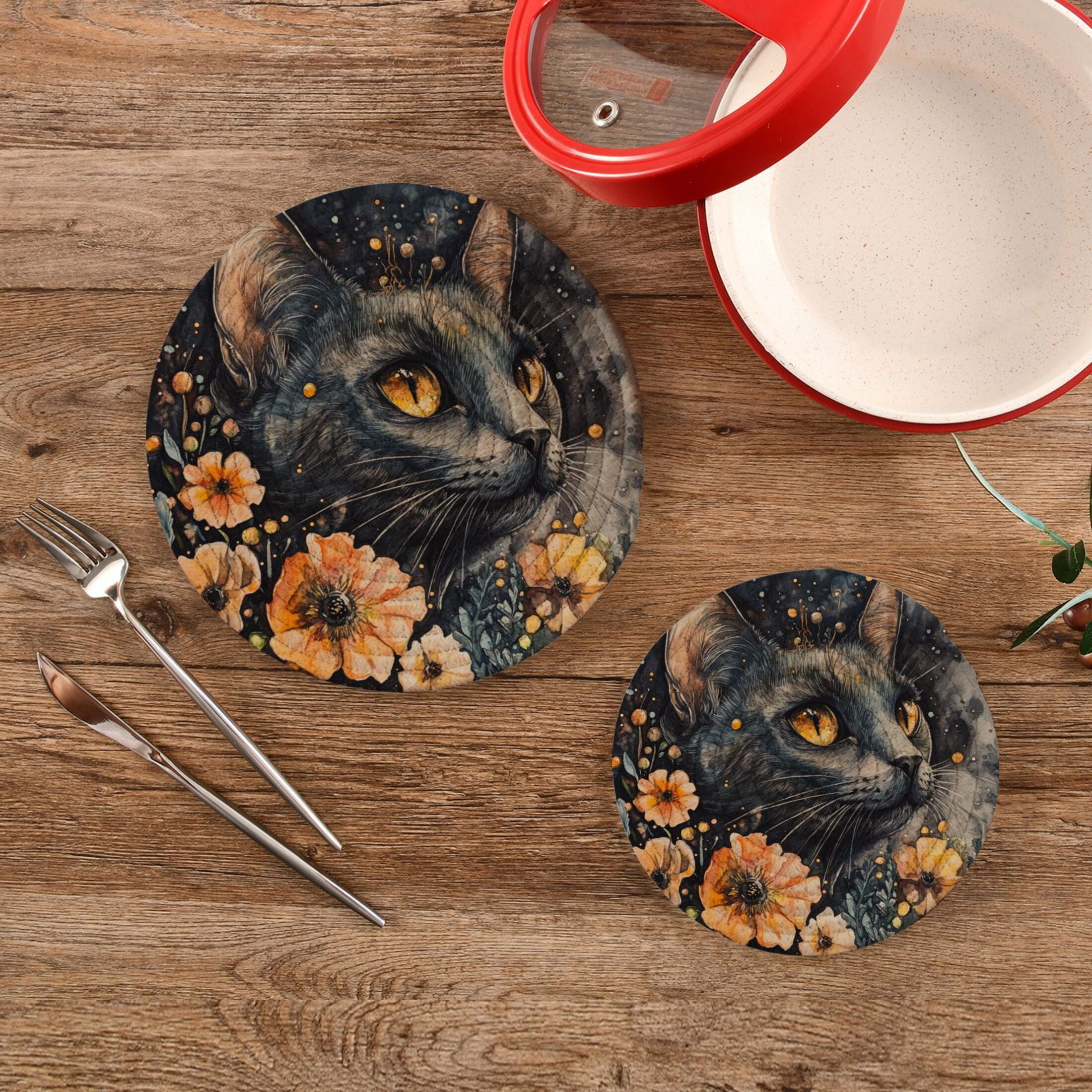 Wobogo Tabby with Flowers Trivets Potholders Set of 2 Cotton Woven ...