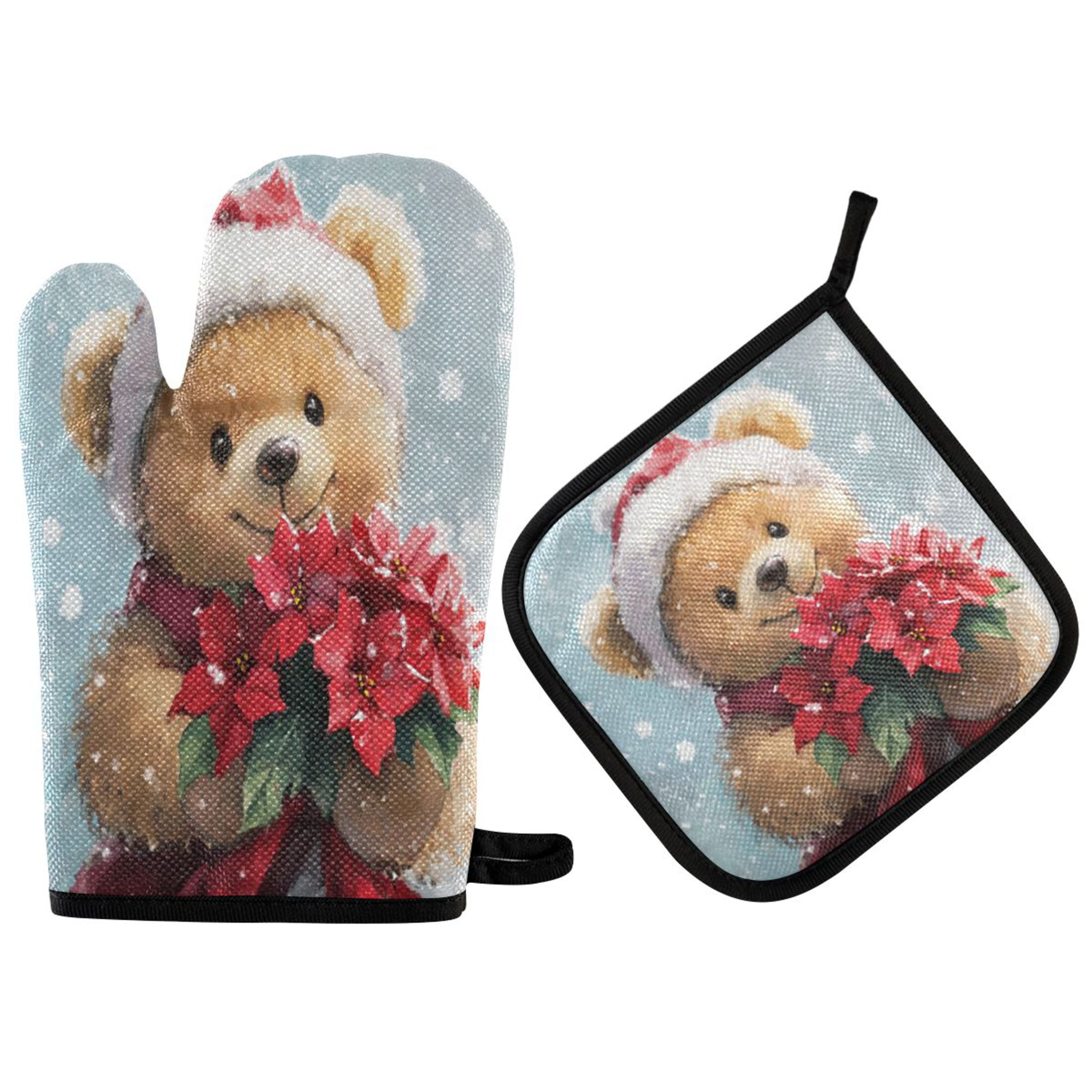 Wobogo Teddy Bear Holding Flowers Oven Mitts and Pot Holders 2pcs Set ...