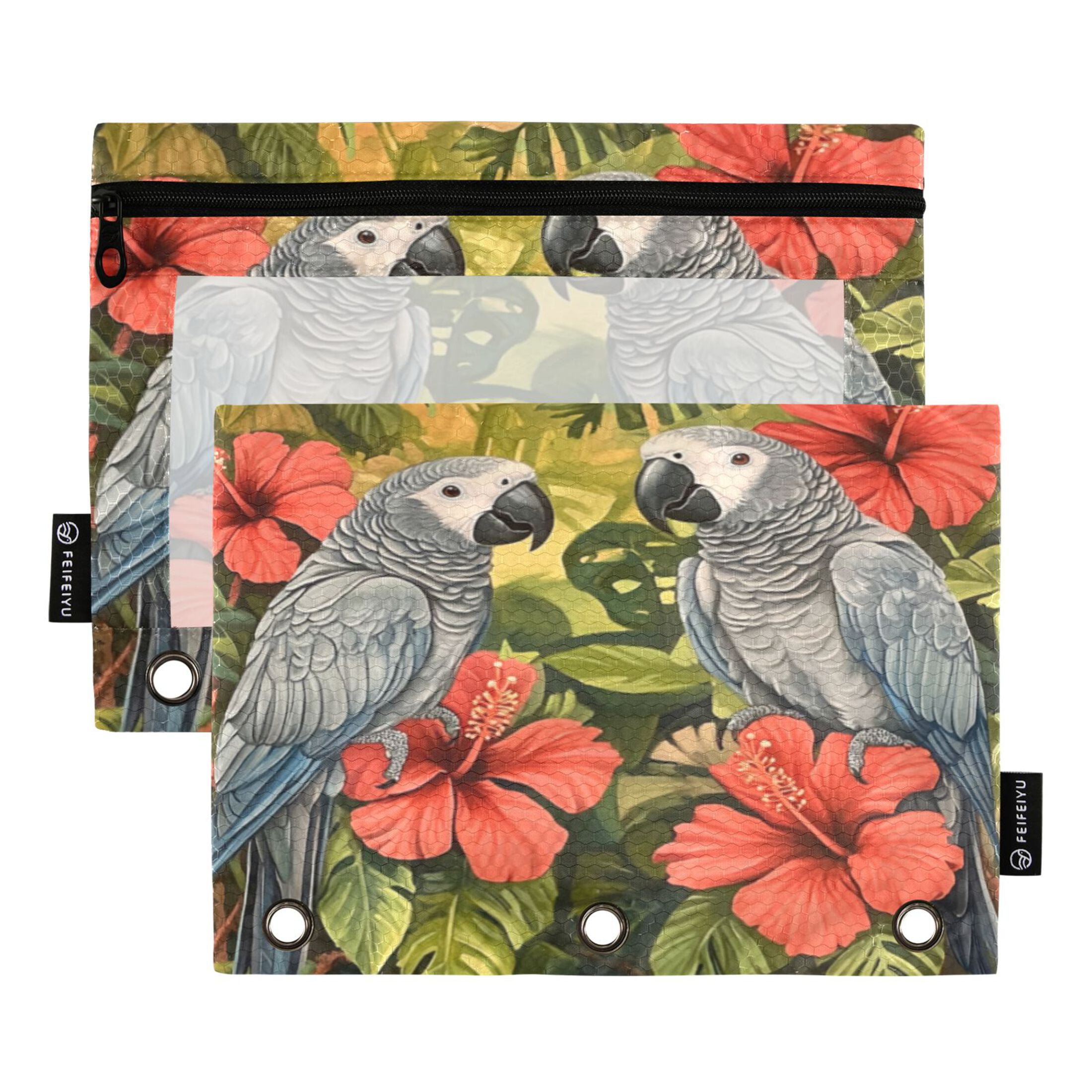 Wobogo Two Playful Gray Parrots Pencil Pouch with 3 Ring Binder Holes ...