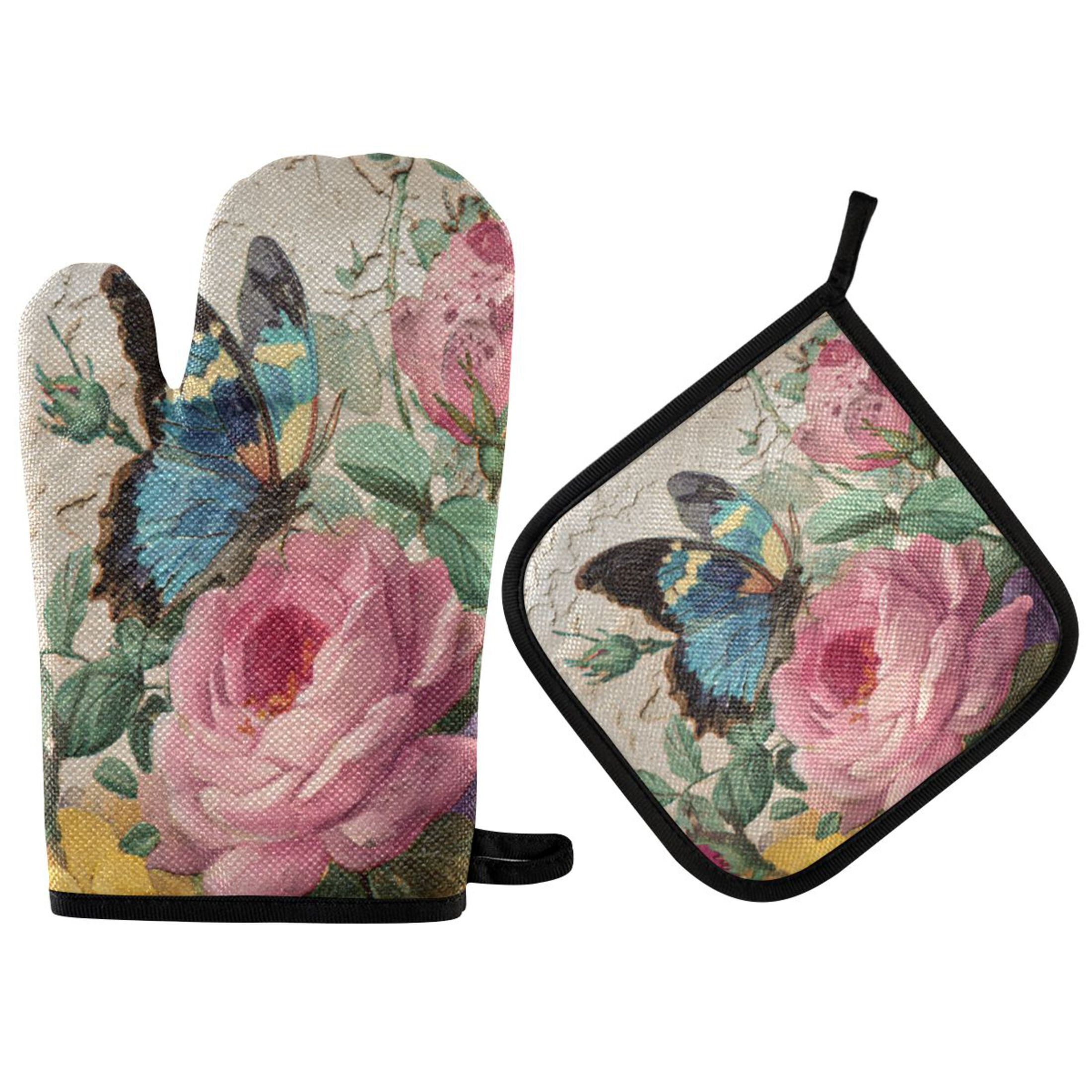 Wobogo Vintage Butterfly Oven Mitts and Pot Holders 2pcs Set Kitchen ...
