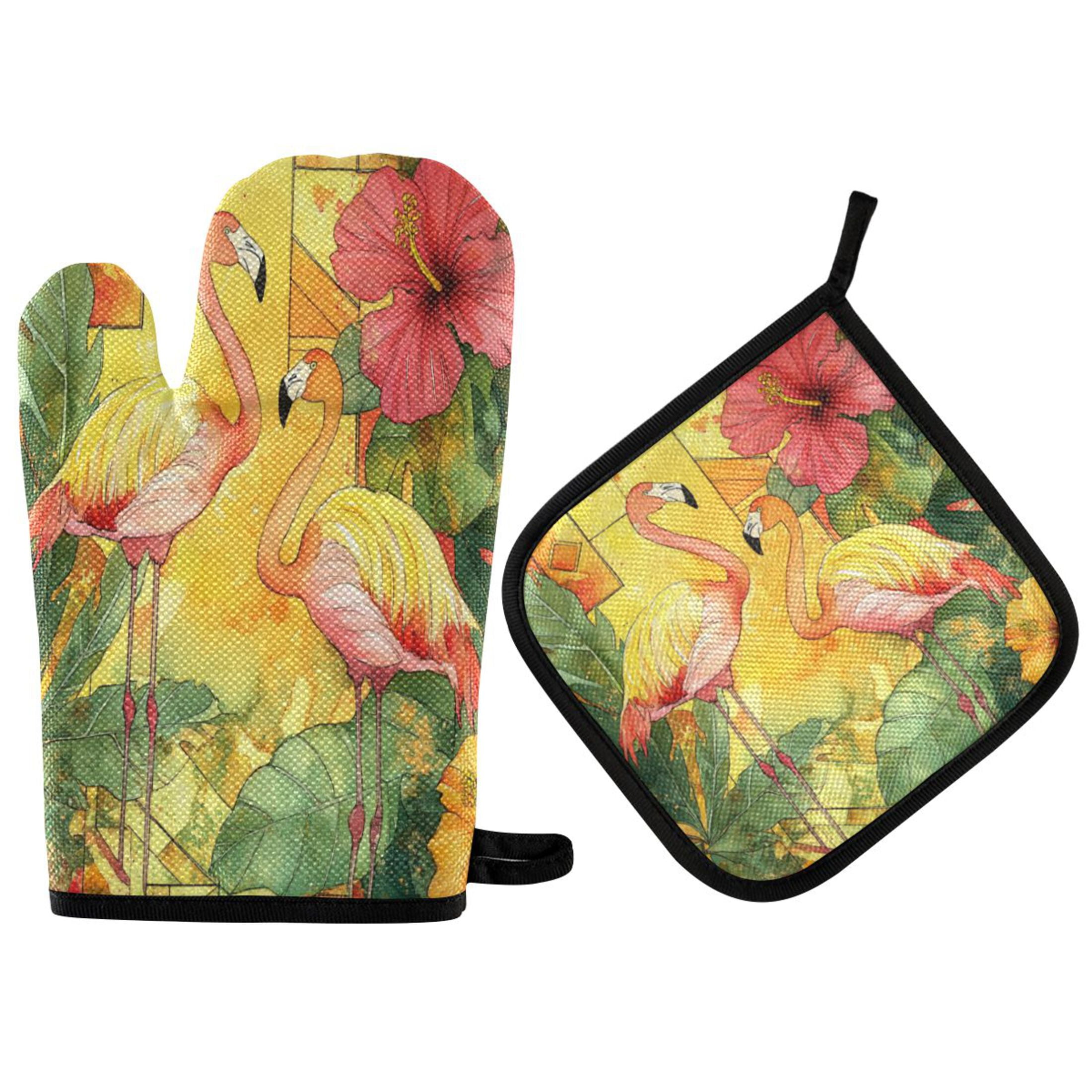 Wobogo Watercolor Flamingo Oven Mitts and Pot Holders 2pcs Set Kitchen ...