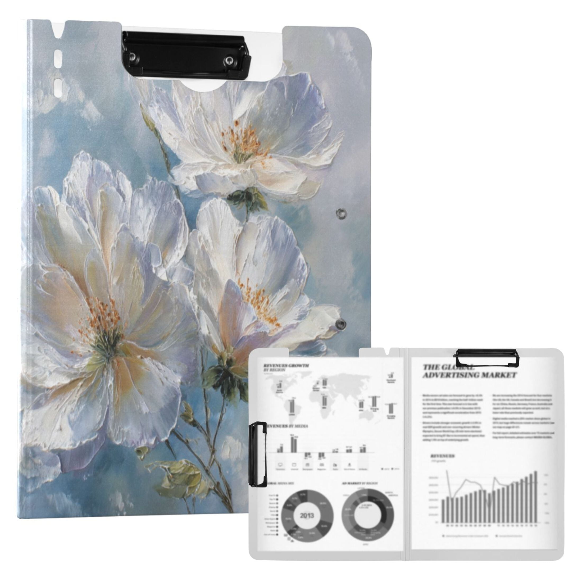 Wobogo White Flowers A4 Foldable Clipboard with Horizontal and Vertical ...