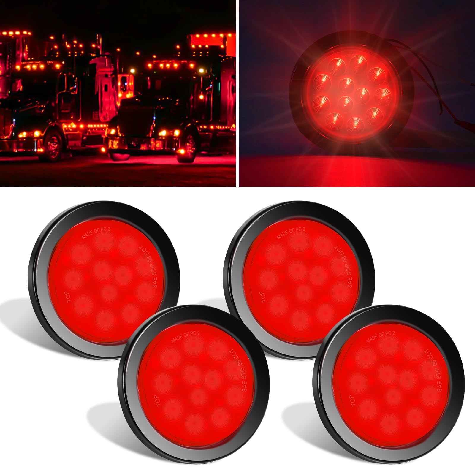 Wodvyss 4PCS 4'' Round IFF17 Red Led Trailer Tail Lights Kit, 4 Inch 12 ...