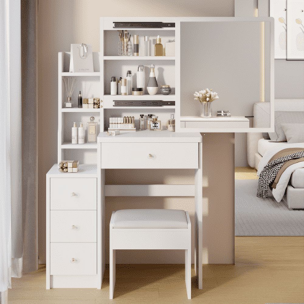 Wohh Bedside Cabinet, Vanity Table, Cushioned Stool Table Set, White ...