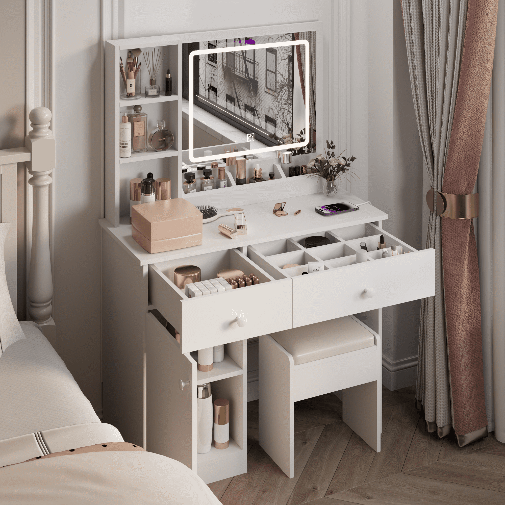 Wohh Vanity Desk with Mirror and Led Lights, Makeup Vanity Table Set ...