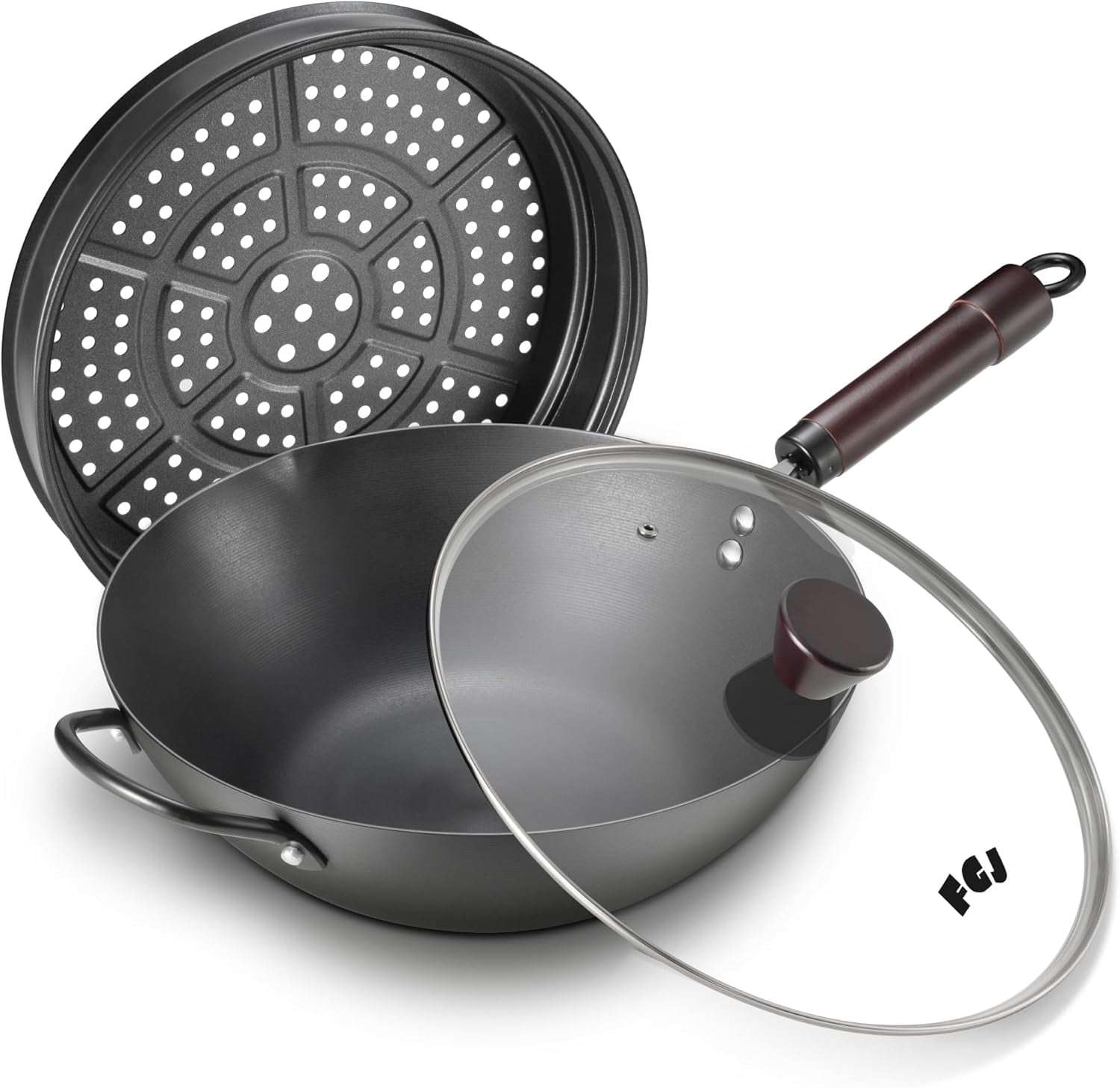 Wok, 13 Inch carbon steel wok pan with steamer & stir-fry pans nonstick ...