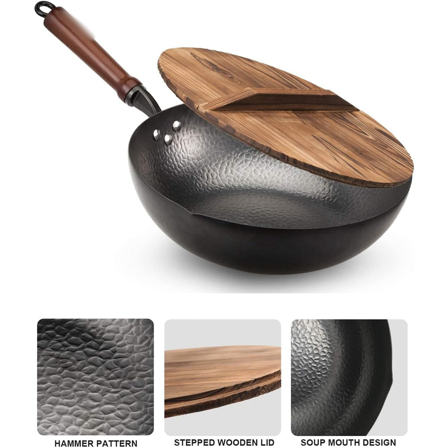 Wok Pan 12.5", Woks and Stir Fry Pans with lid, Carbon Steel Wok with ...