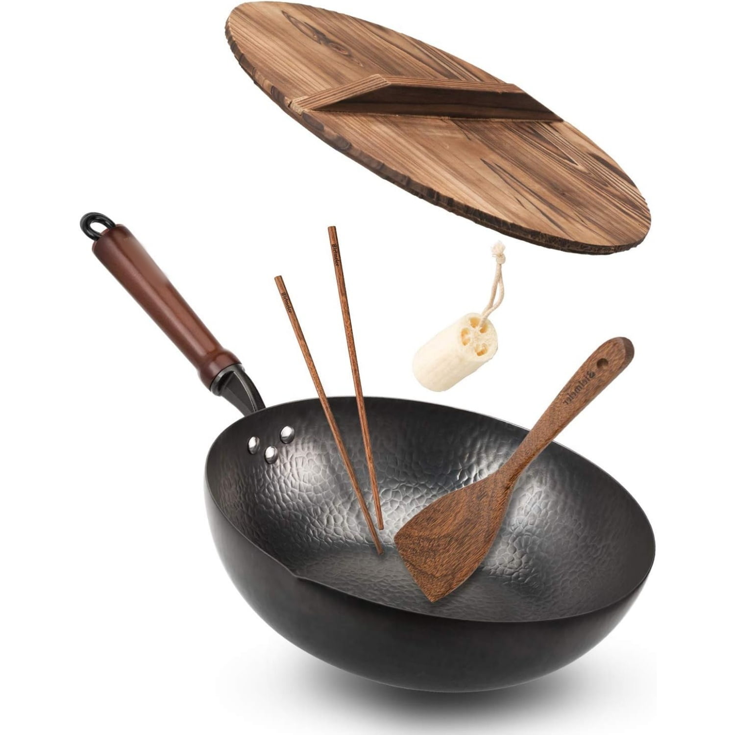 Wok Pan 12.5", Woks and Stir Fry Pans with lid, Carbon Steel Wok with ...