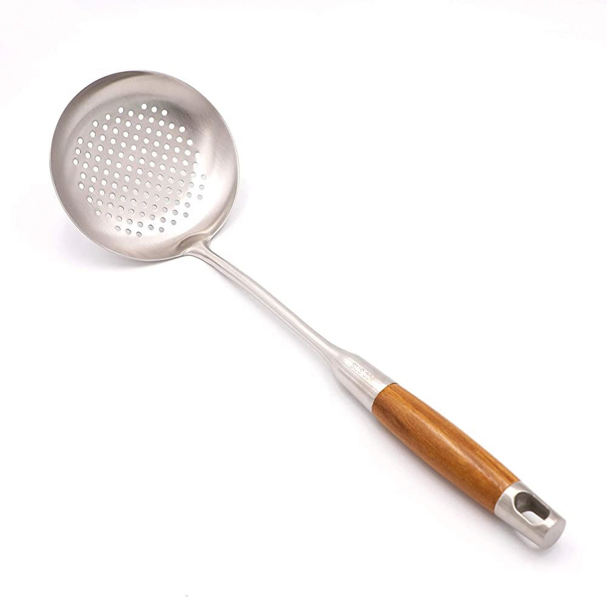 Wok Skimmer Ladle with Long Wooden Handle 304 Stainless Steel Utensils ...