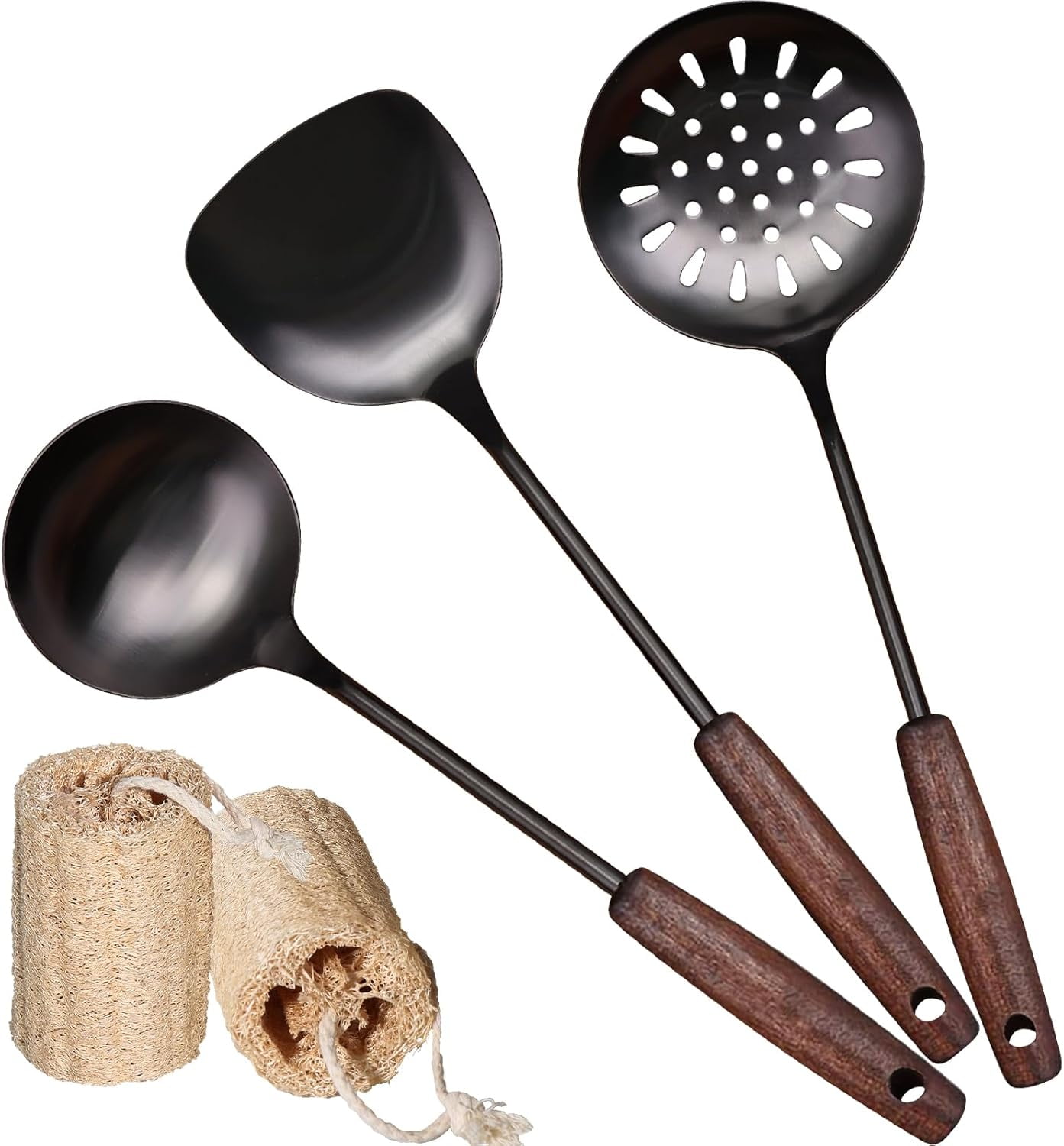 Wok Spatula and Ladle, Skimmer Ladle Tool Set, 15 Inches Stainless ...