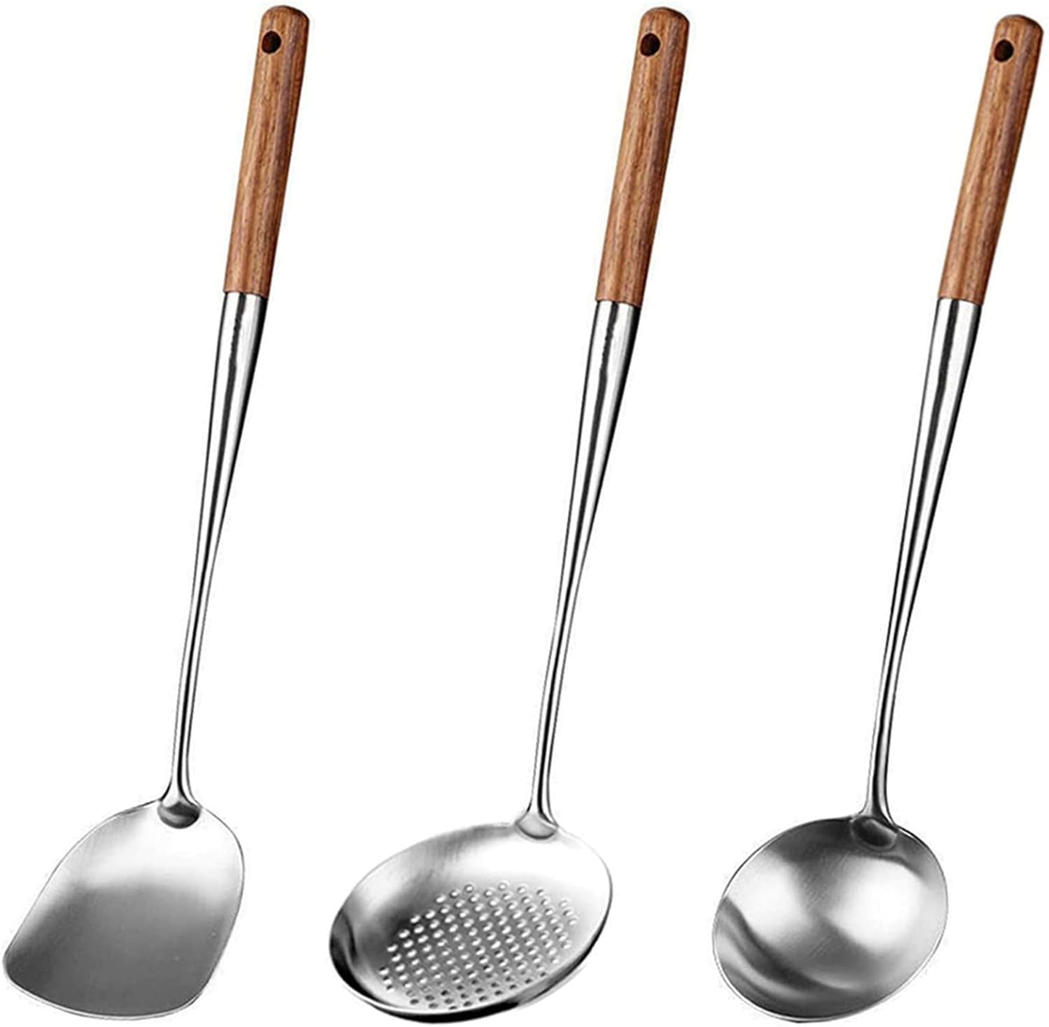 Wok Spatula and Ladle, Skimmer Ladle Tool Set, 17 Inches Long Handle ...