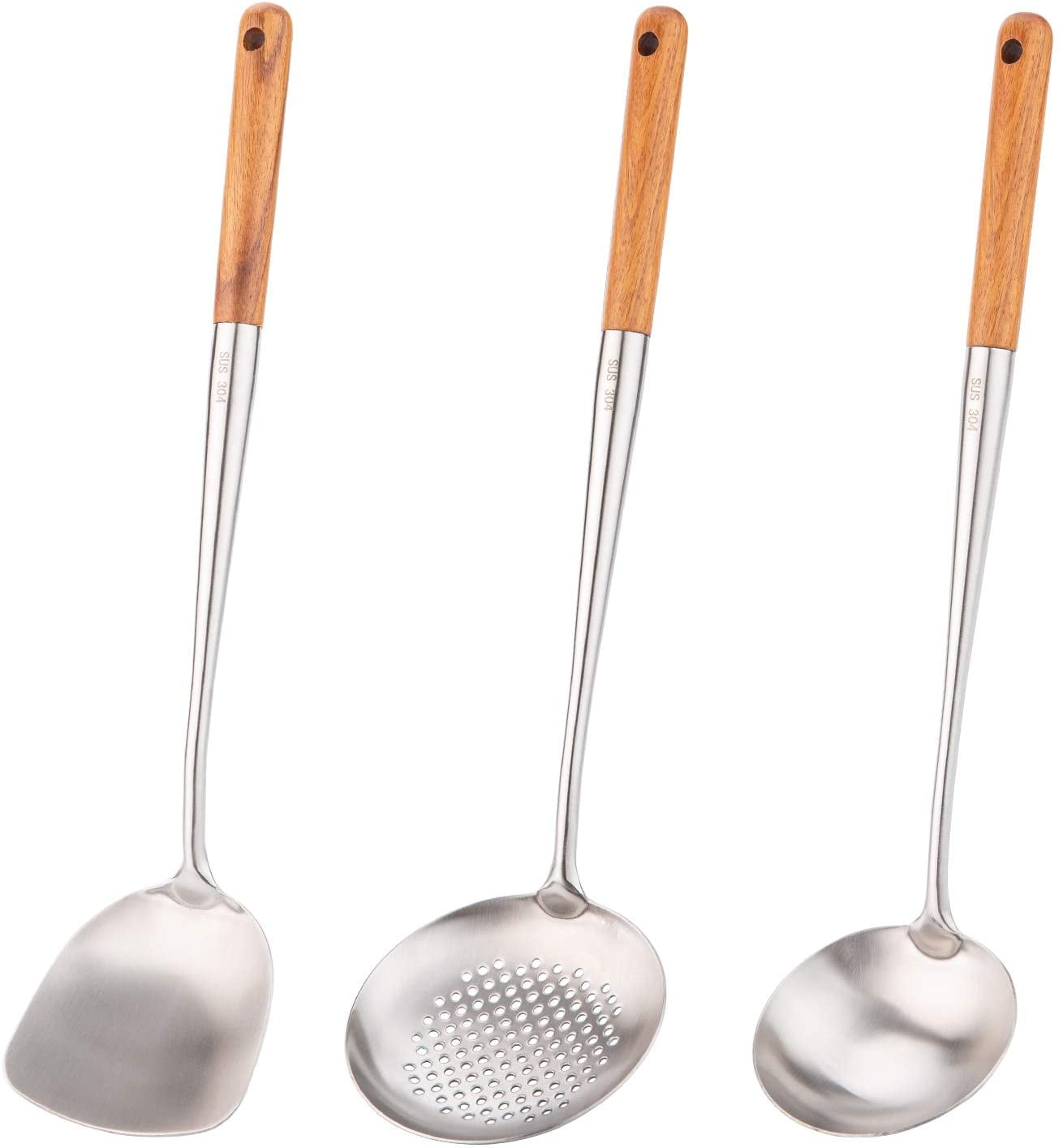 Wok Spatula and Ladle,Skimmer Ladle Tool Set, 17inches Spatula for Wok ...