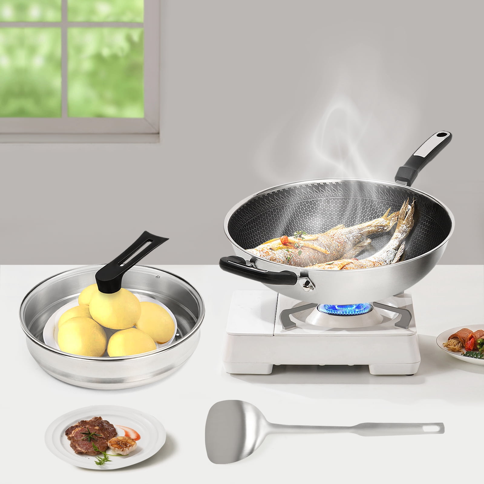 Wok Steamer Basket Spatula Set, Honeycomb Wok Pan with Lid and ...