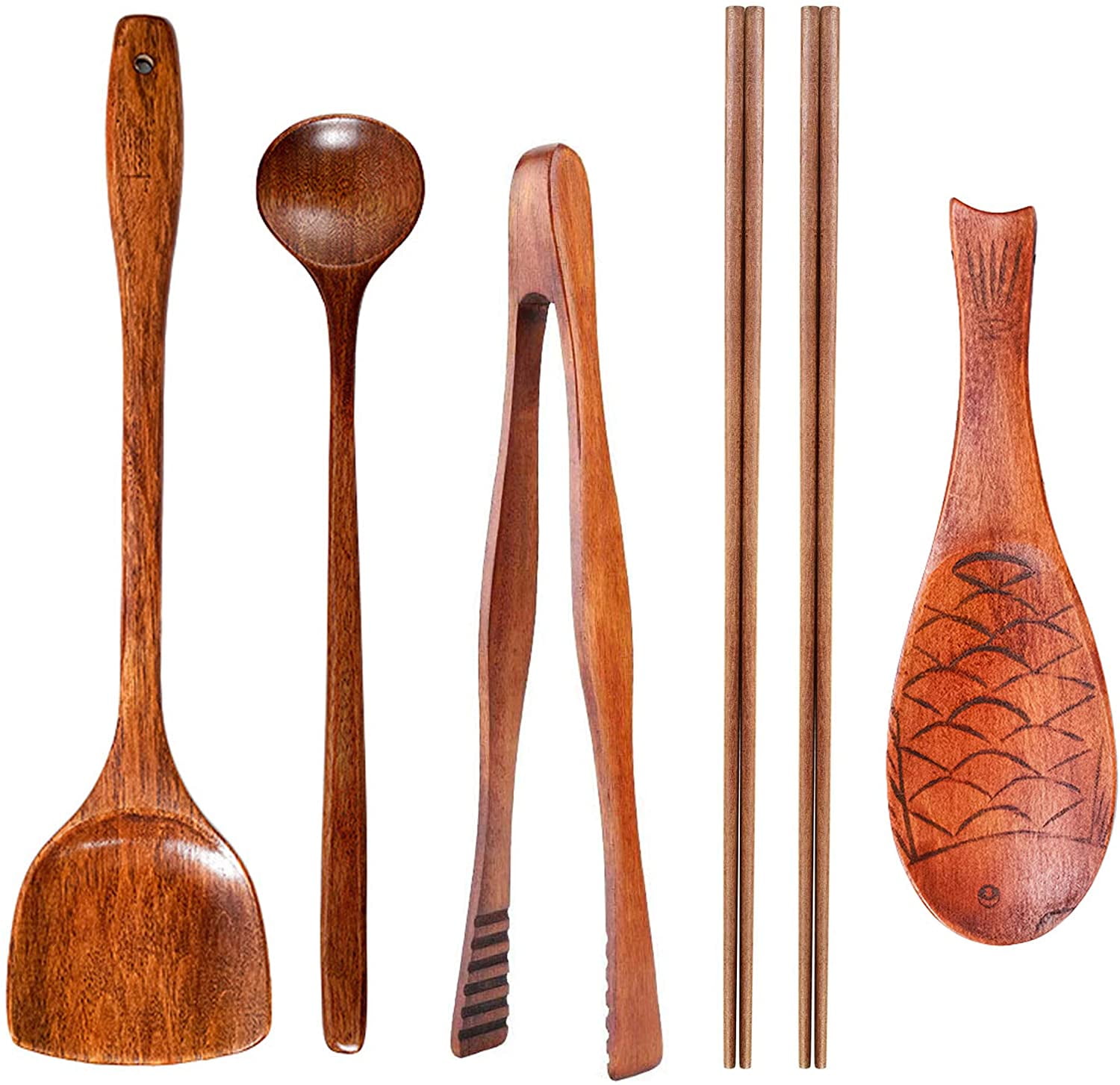 Wok Utensils 6 PCS Wooden Cooking Tools - Wooden Spatula, Barbecue ...