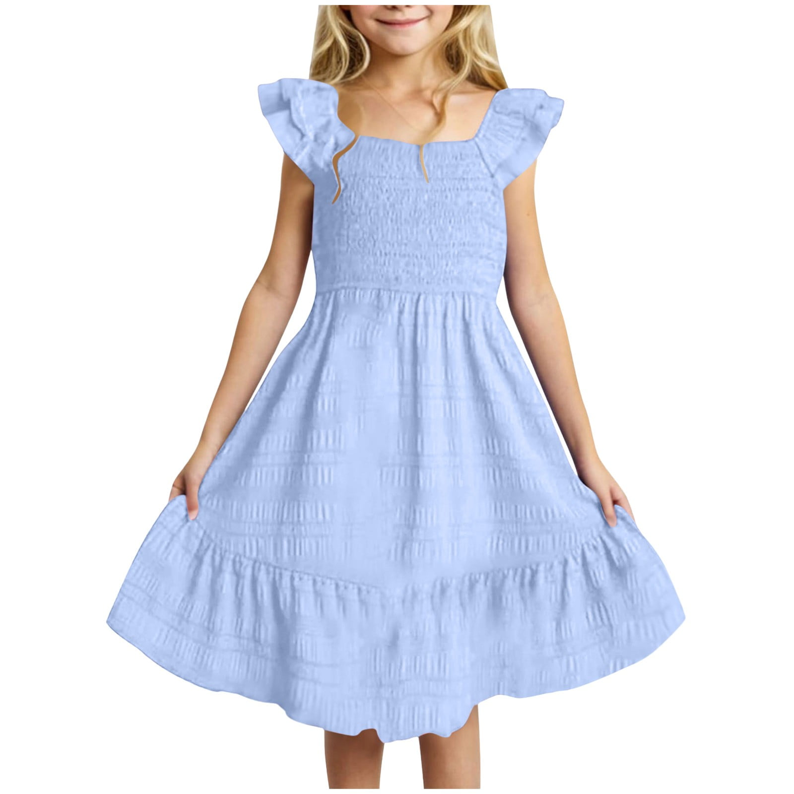Wolcakyue Girl's 2025 Summer Dresses Smocked Flutter Sleeve A Line ...