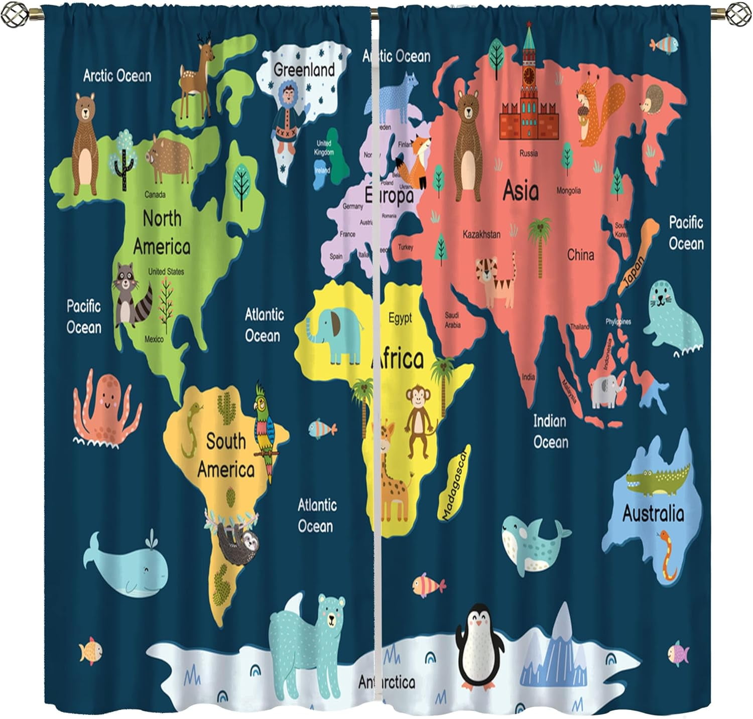 Wold Map Curtains Colorful Cartoon Map with Animals Giraffe Lion Monkey ...