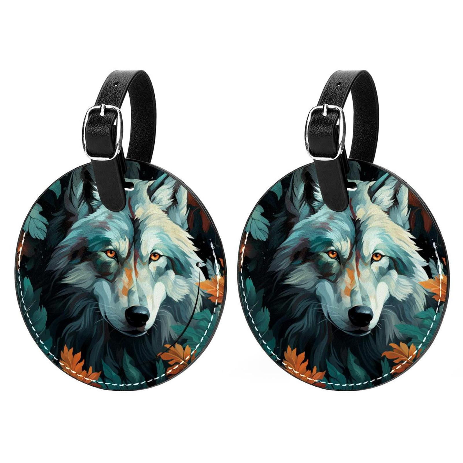 Wolf 2Pcs PU Leather Round Luggage Tags with Privacy Cover and Name ID ...