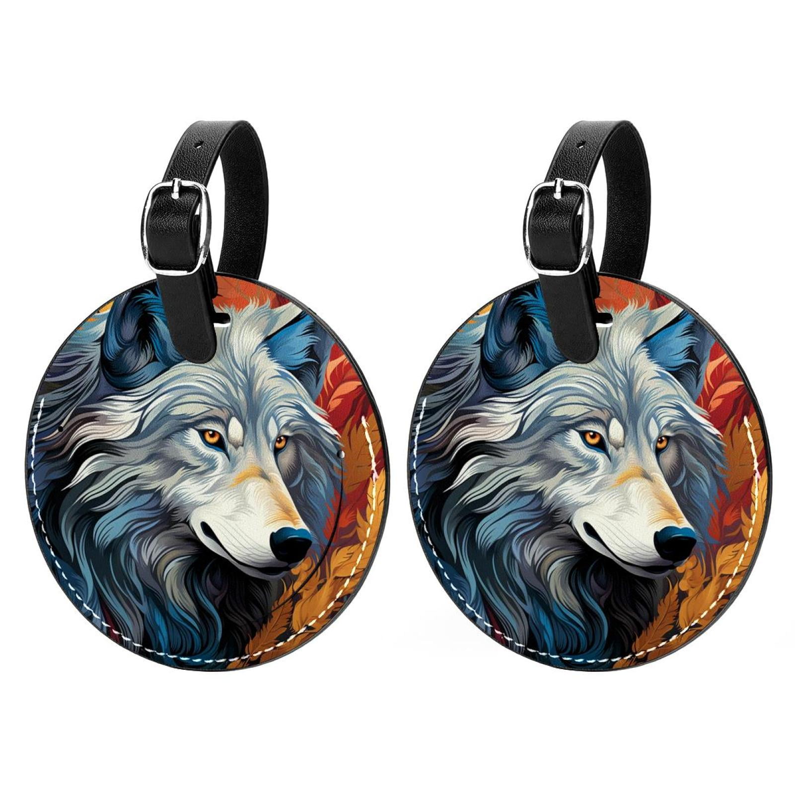 Wolf 2Pcs PU Leather Round Luggage Tags with Privacy Cover and Name ID ...