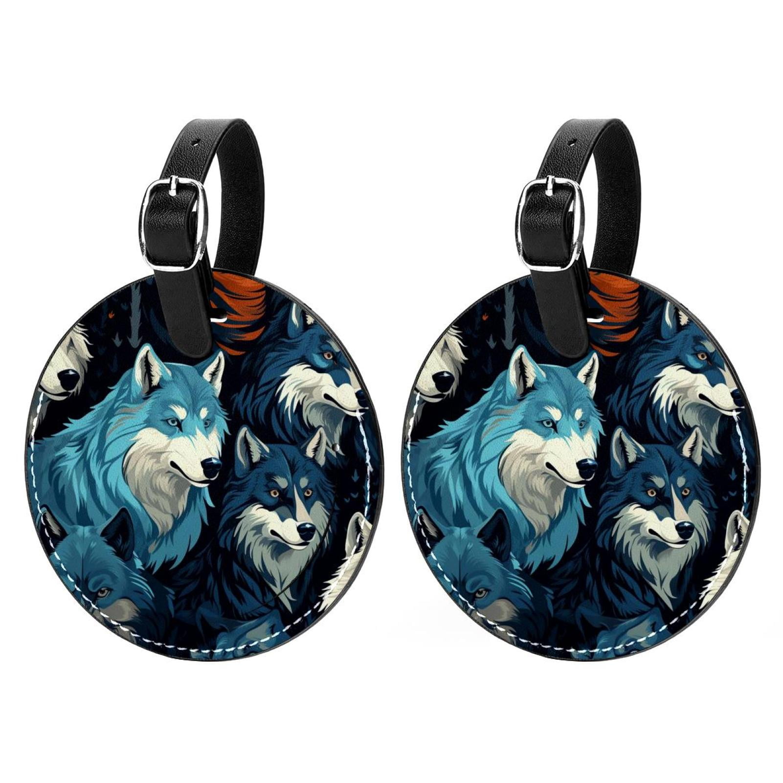 Wolf 2Pcs PU Leather Round Luggage Tags with Privacy Cover and Name ID ...