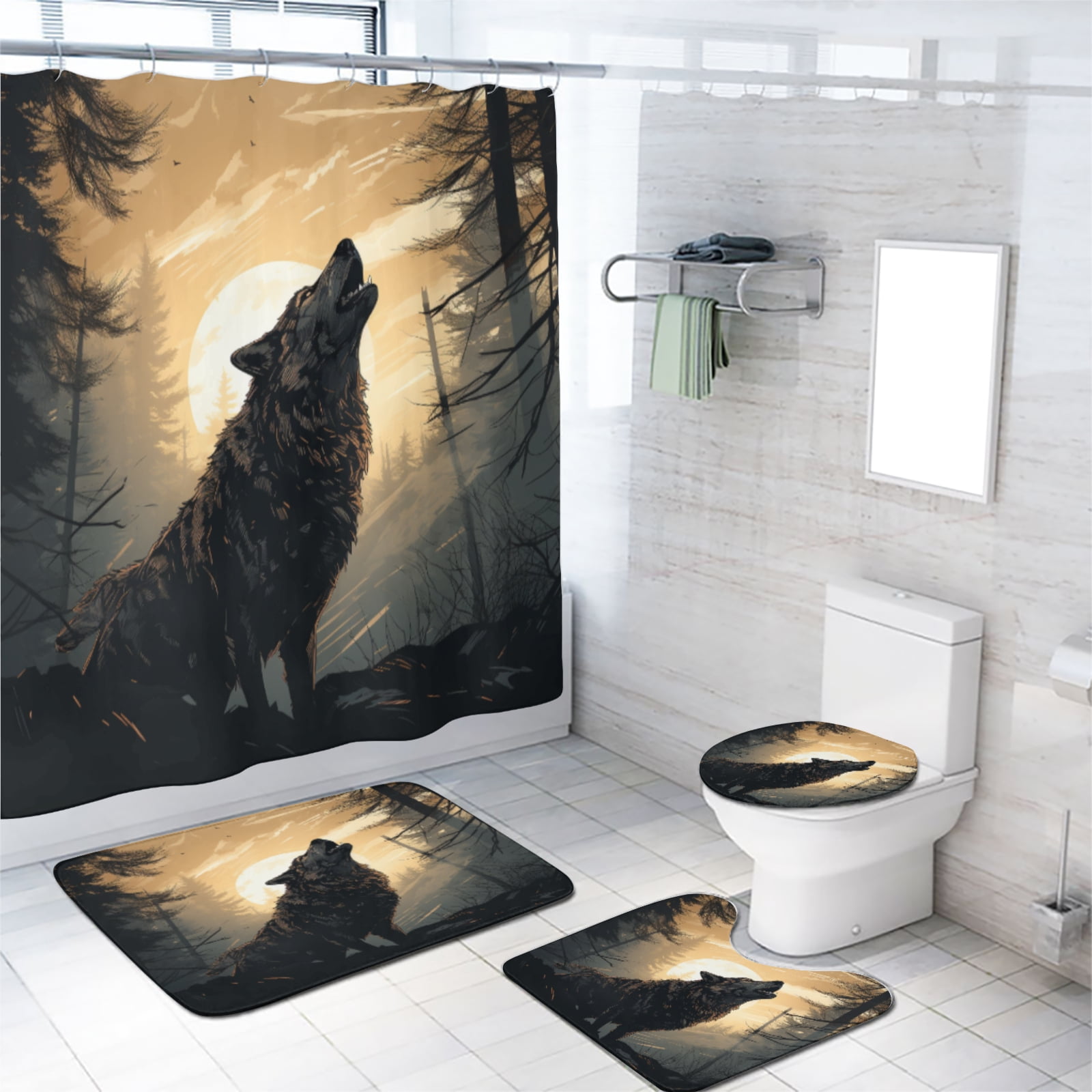 Wolf 4 Pcs Shower Curtain Set Wild Animals Under The Full Moon Howling ...