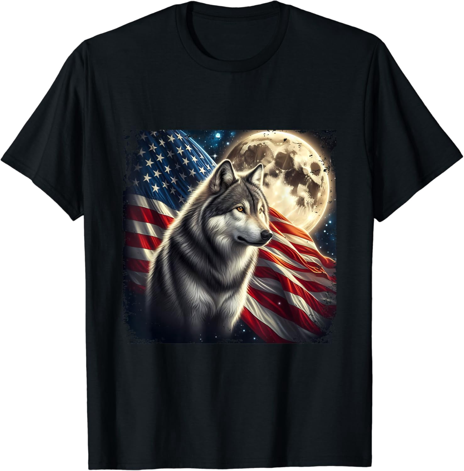 Wolf 4Th Of July American Flag Alpha Wolf Under Moon T-Shirt - Walmart.com