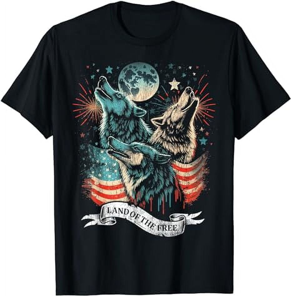 Wolf 4th of July American Flag Howling America Moon Funny T-Shirt ...