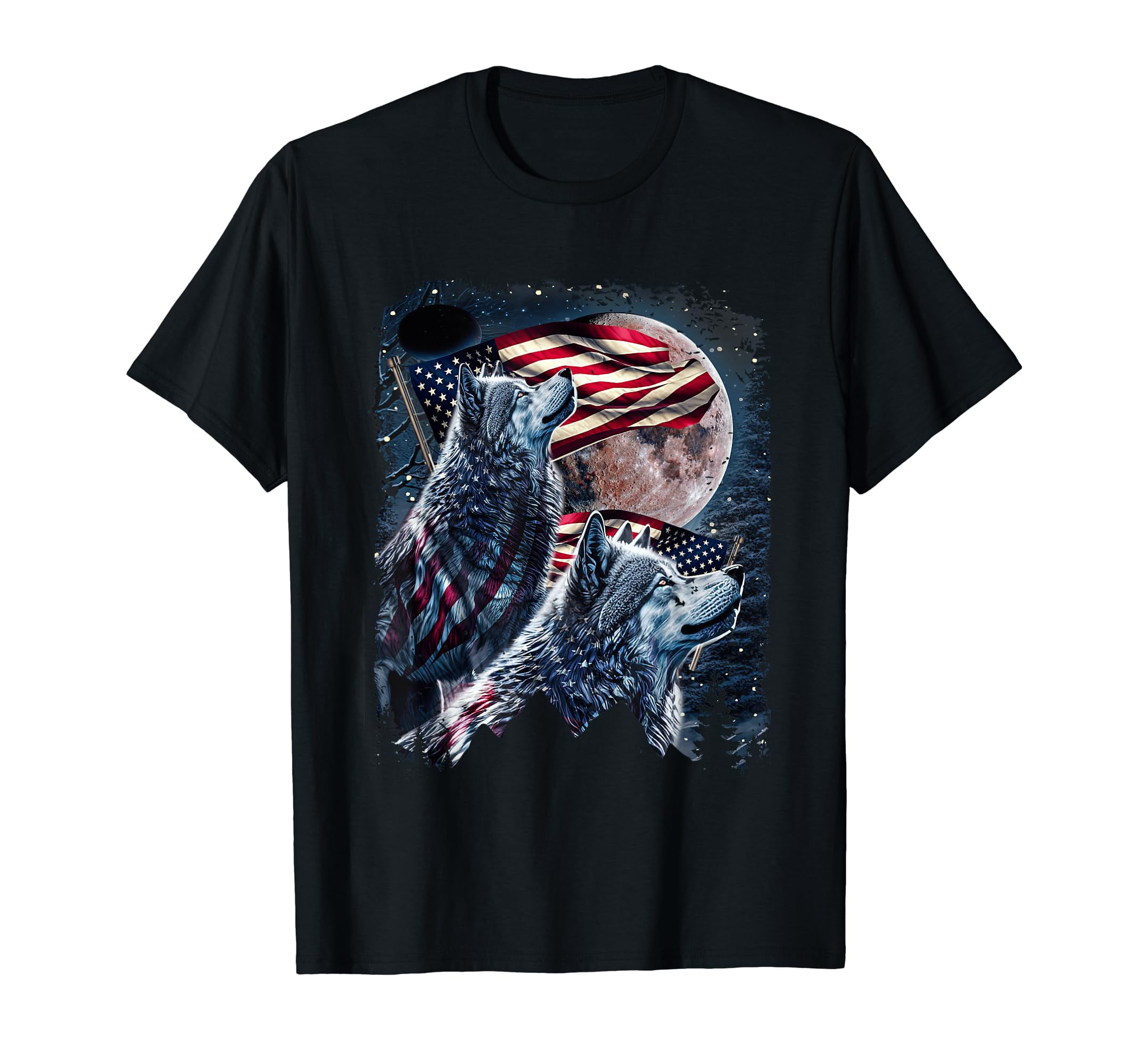 Wolf 4th of July American Flag Howling Wolves Under Moon T-Shirt ...