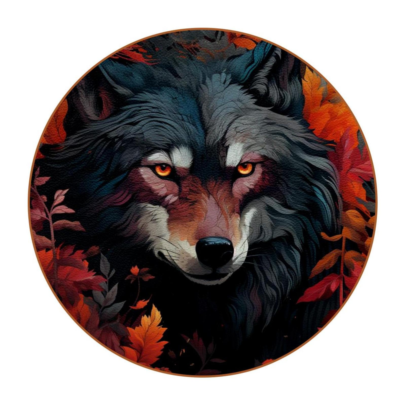 Wolf 6PCS Round Microfiber Leather Coasters Set, 11x11 cm/4.3x4.3 in ...
