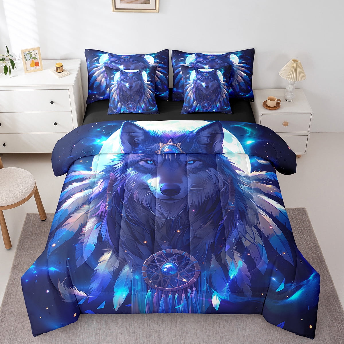 Wolf 7 Piece Bed in a Bag Queen,Boho Tribal Bedding Set Bed Sheets ...