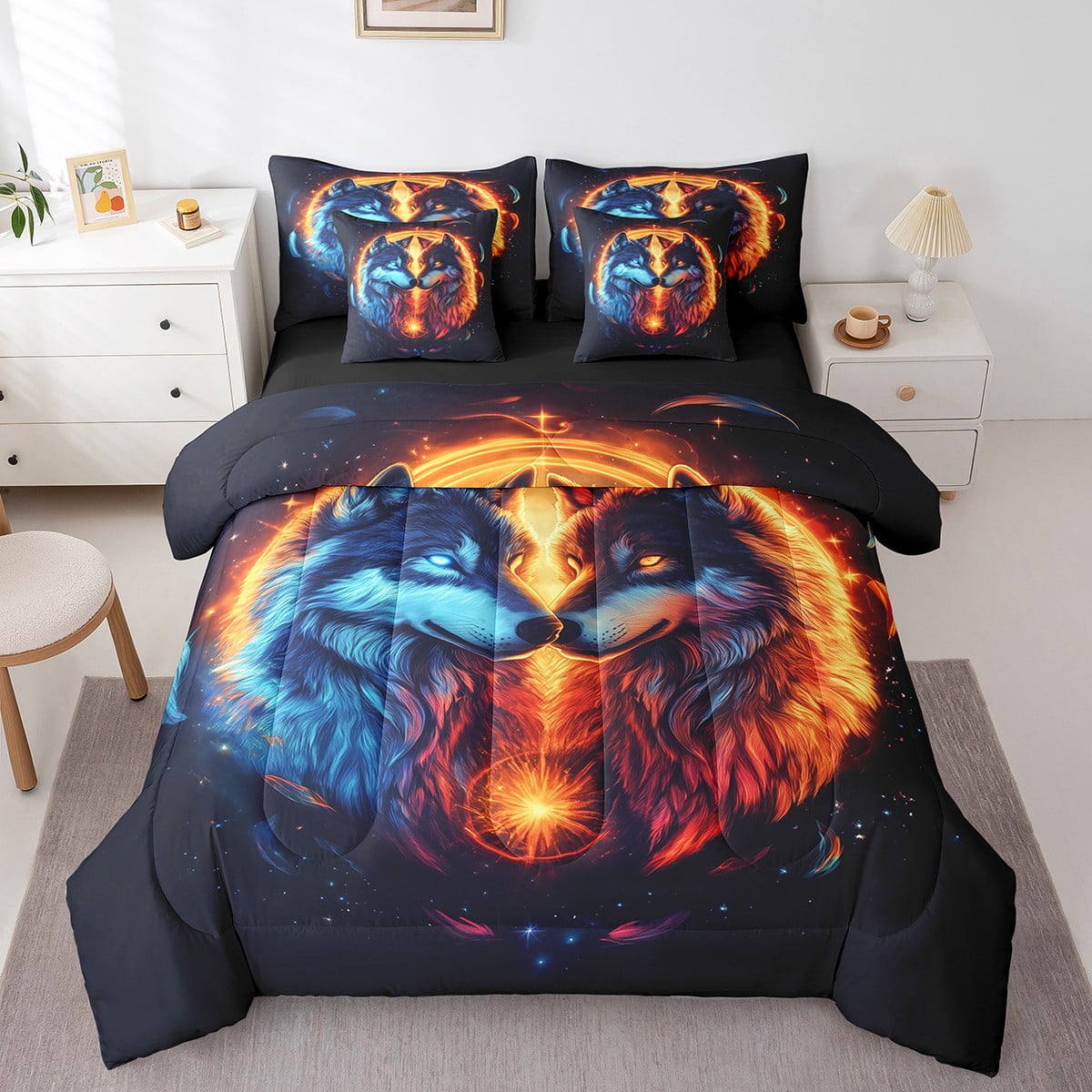 Wolf 7 Pieces Bedding Set,Outer Space Glitter King Comforter Set ...