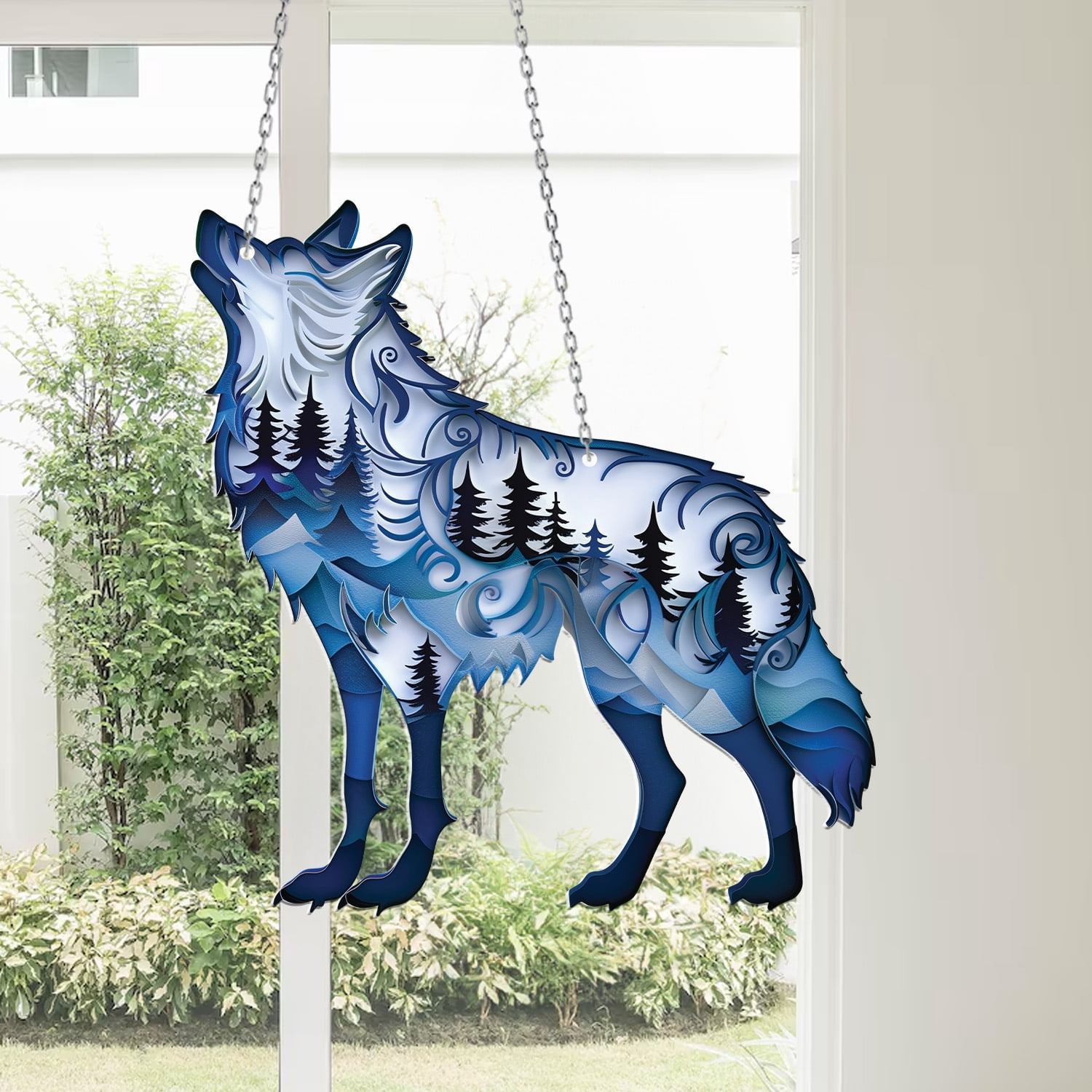 Wolf Acrylic 2D Window Hanging, Stained Glass Style Forest Silhouette ...