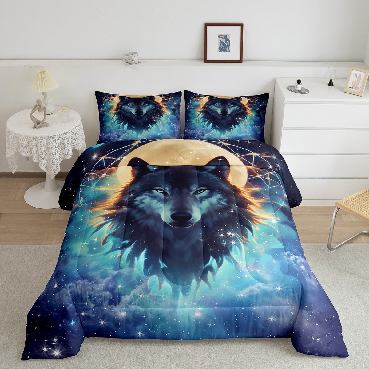 Wolf Animal Printed Comforter Set Moon Zodiac Constellation Themed Bed ...