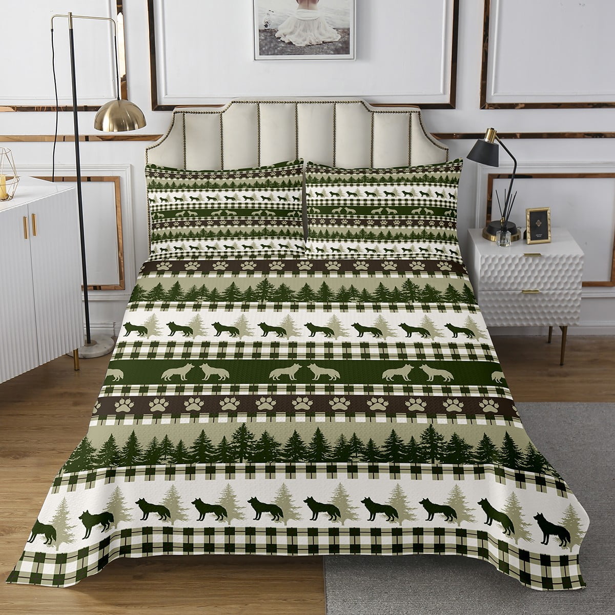 Wolf Animal Twin Size Bed Set,Geometric Bear Paw Print Bedspread Set ...