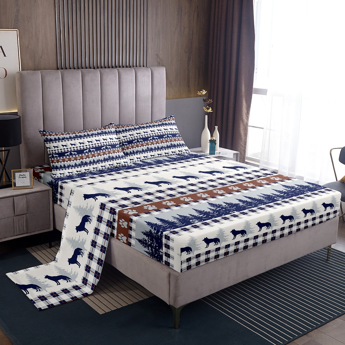 Wolf Animal Twin Size Top Sheet,Botanical Pine Tree Bed Sheets Set ...