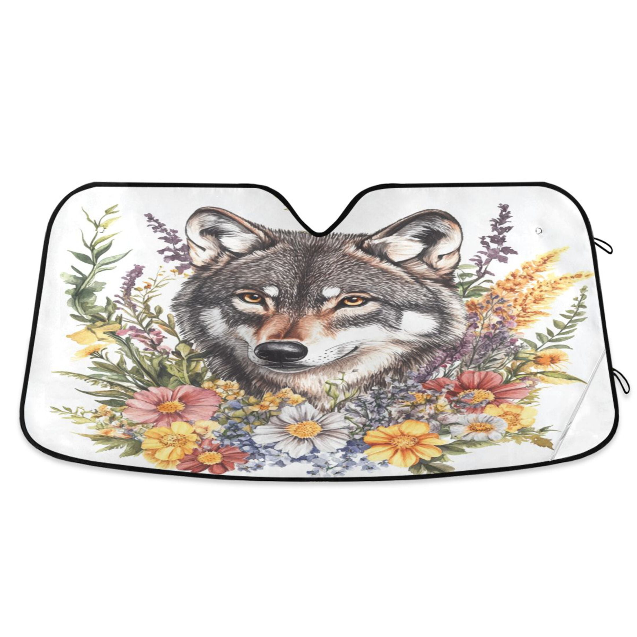 Wolf Arrounded by Flowers Watercolor Windshield Sun Shade Automobile ...