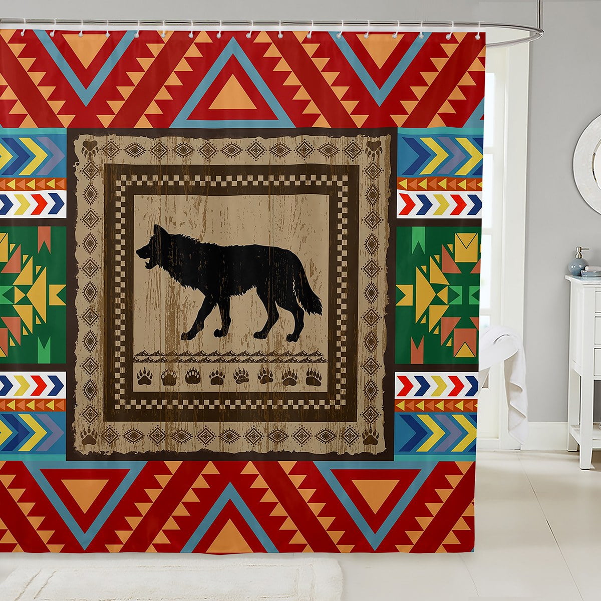 Wolf Bathroom Curtain Tribal Aztec Shower Curtain Cabin Decor Colorful ...